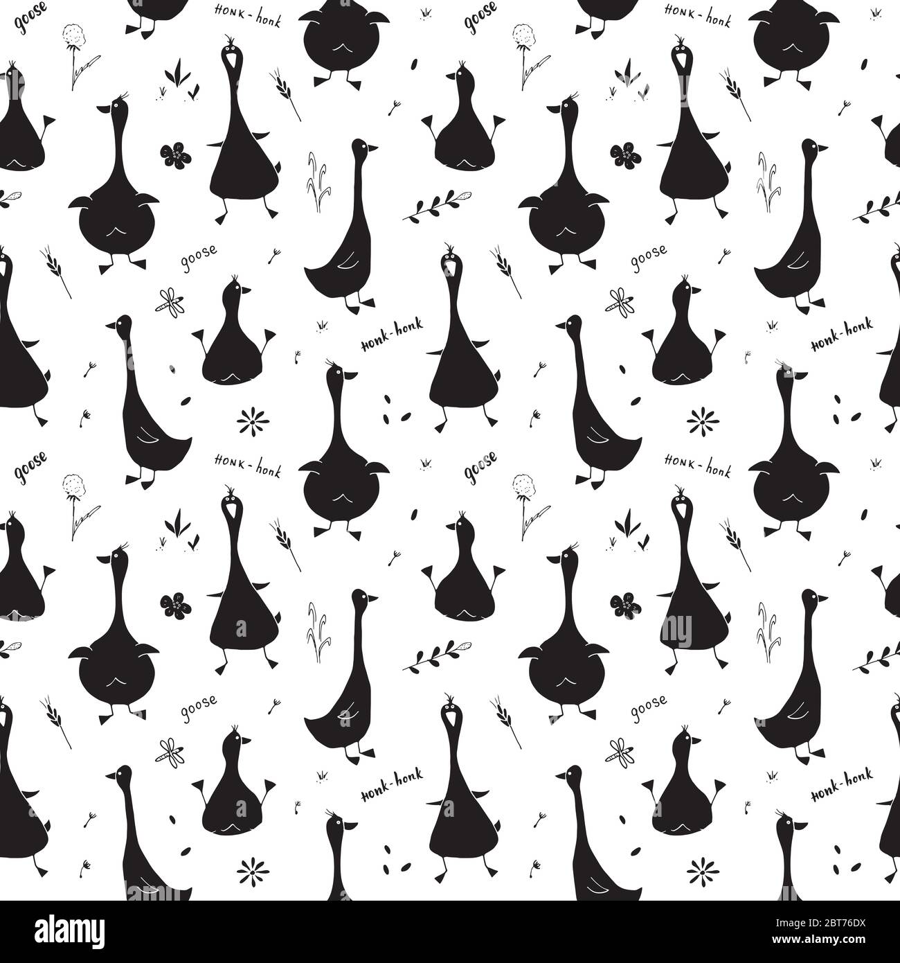 Cute Goose Seamless Pattern, Cartoon Hand Drawn Goose Doodles Vector ...