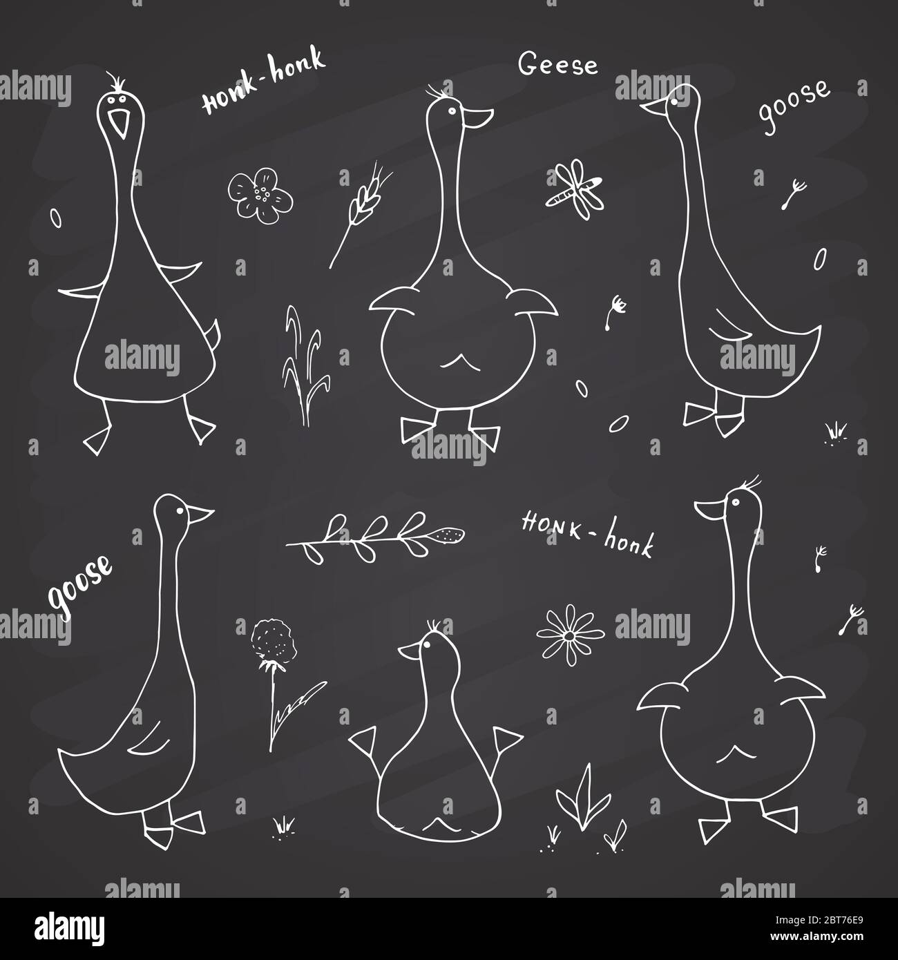 Goose Doodles Set. Cute Geese sketch. Hand drawn Cartoon Vector ...