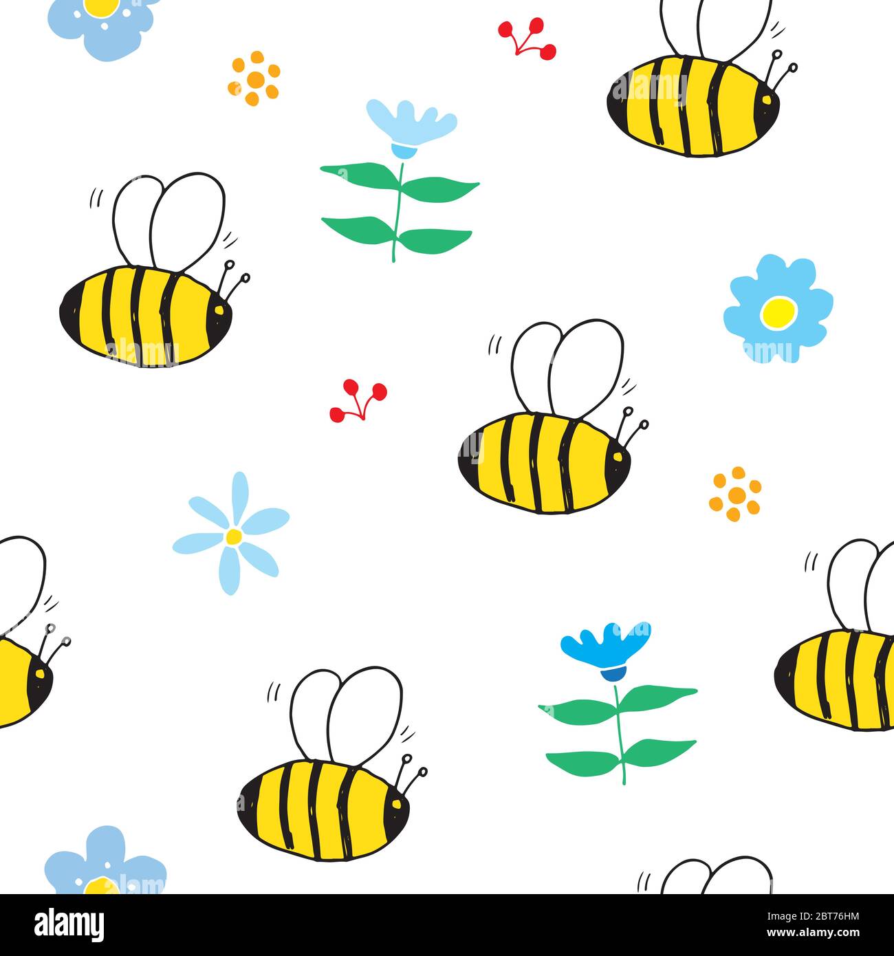 Cute Bee Seamless Pattern, Cartoon Hand Drawn honeybee Doodles Vector ...