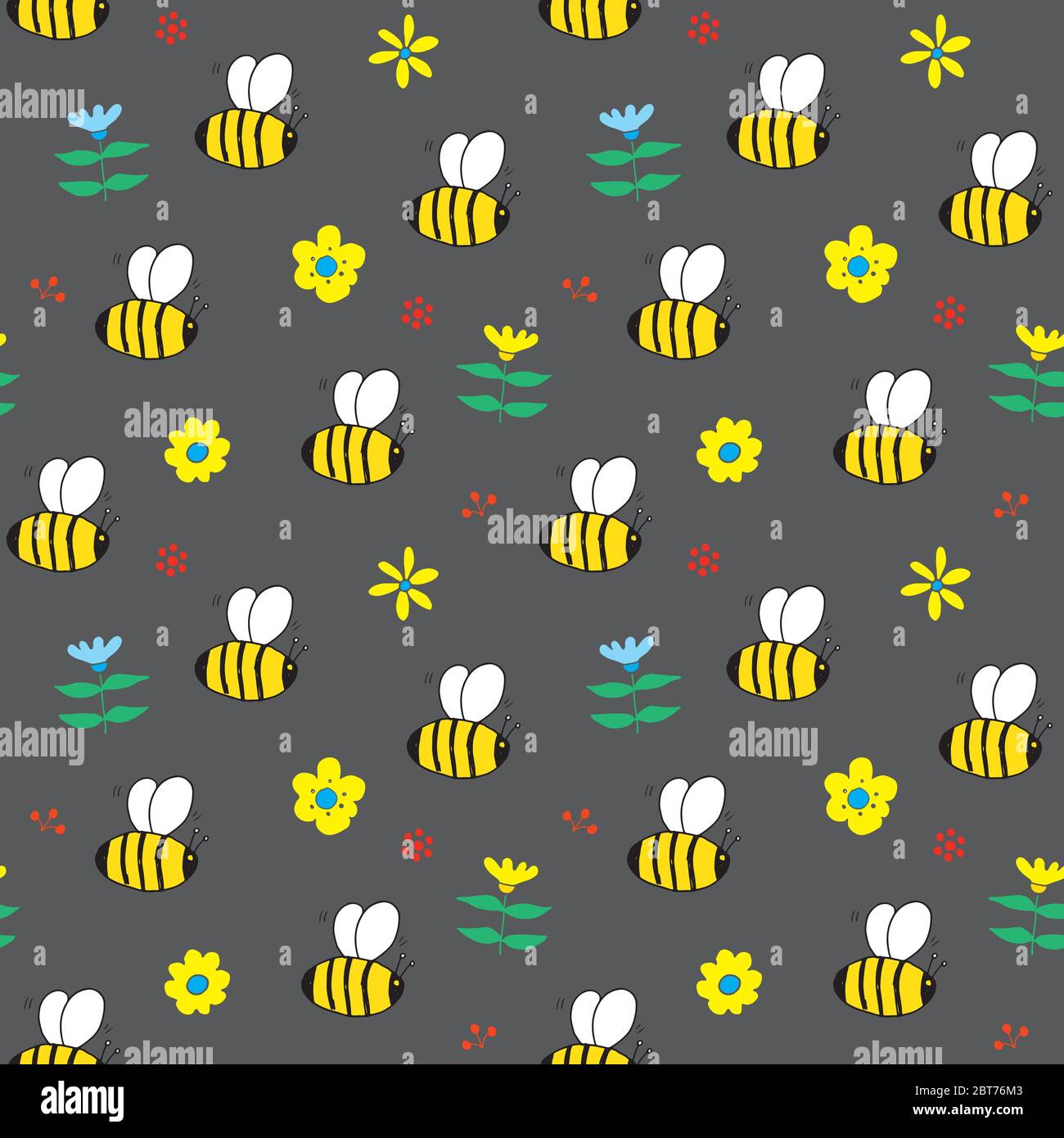 Cute Bee Seamless Pattern, Cartoon Hand Drawn honeybee Doodles Vector ...