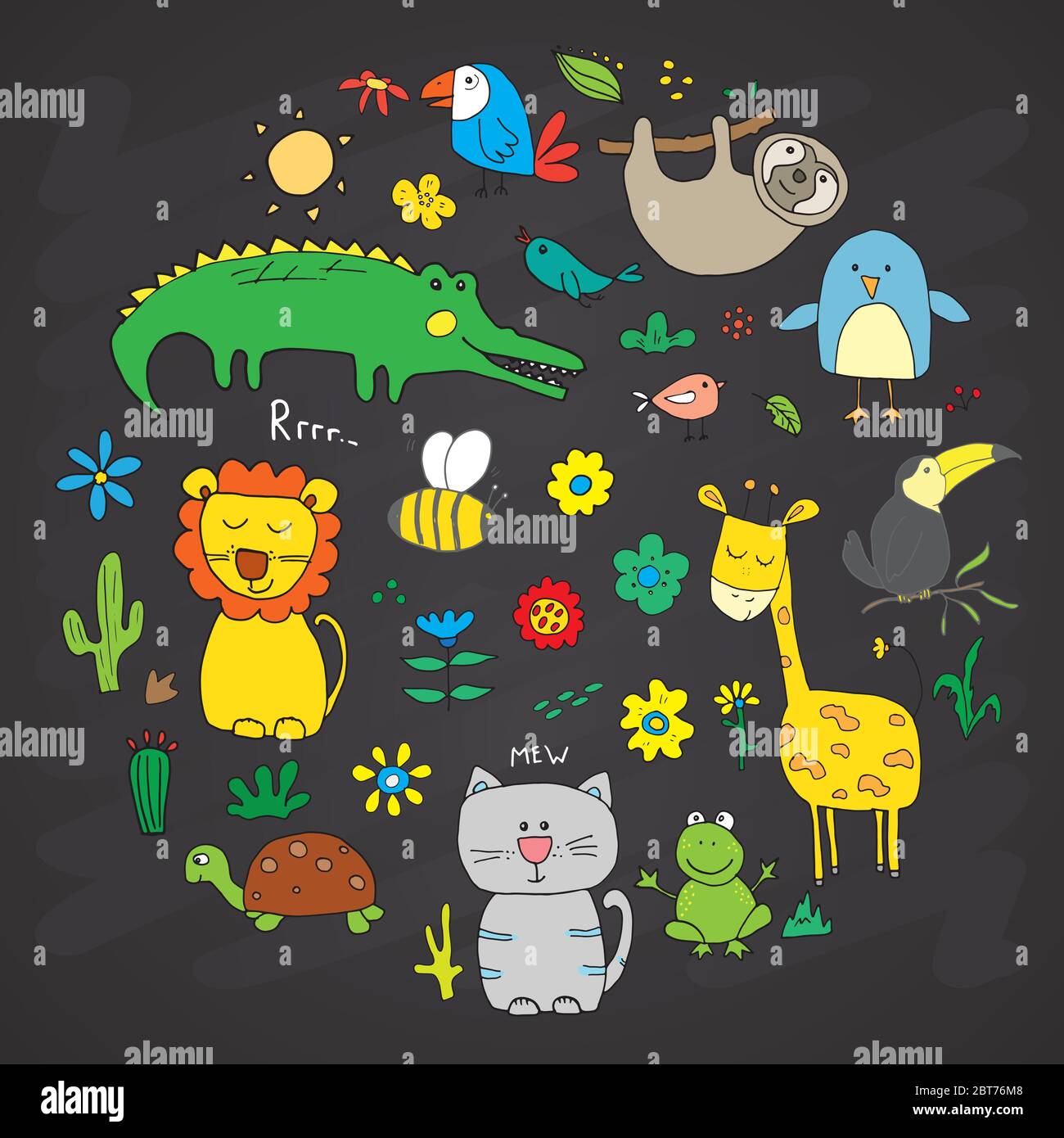 Animal Doodles Set. Cute Animals sketch. Hand drawn Cartoon Vector ...