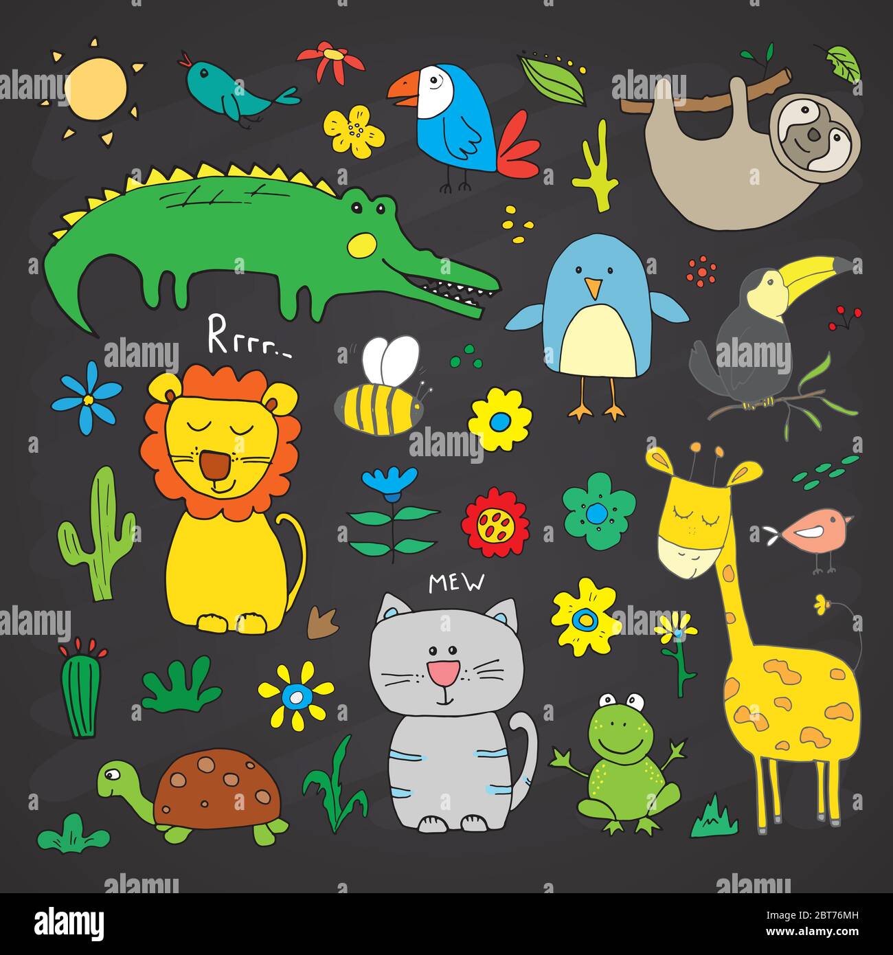 Animal Doodles Set. Cute Animals sketch. Hand drawn Cartoon Vector ...