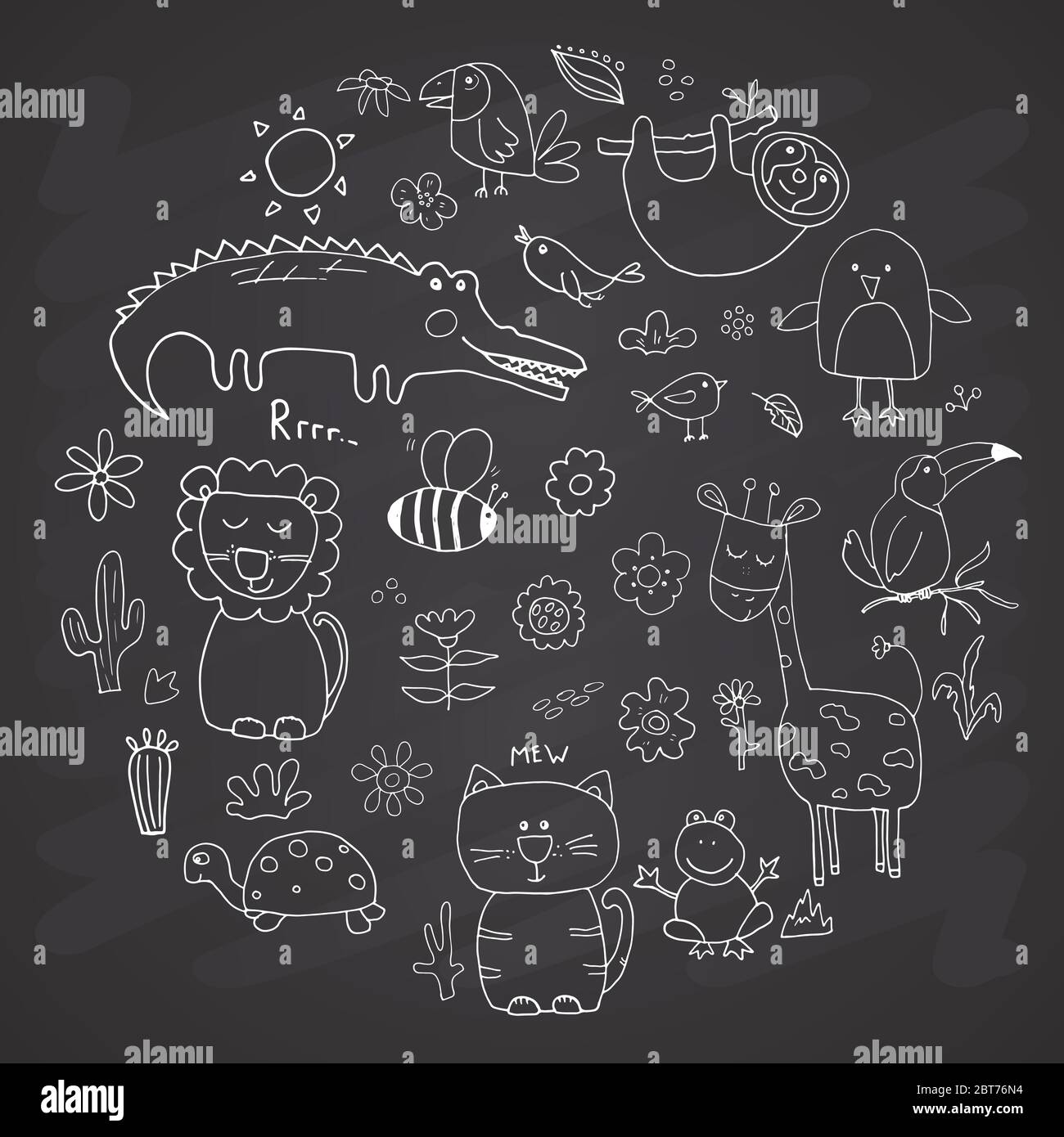 Animal Doodles Set. Cute Animals sketch. Hand drawn Cartoon Vector ...