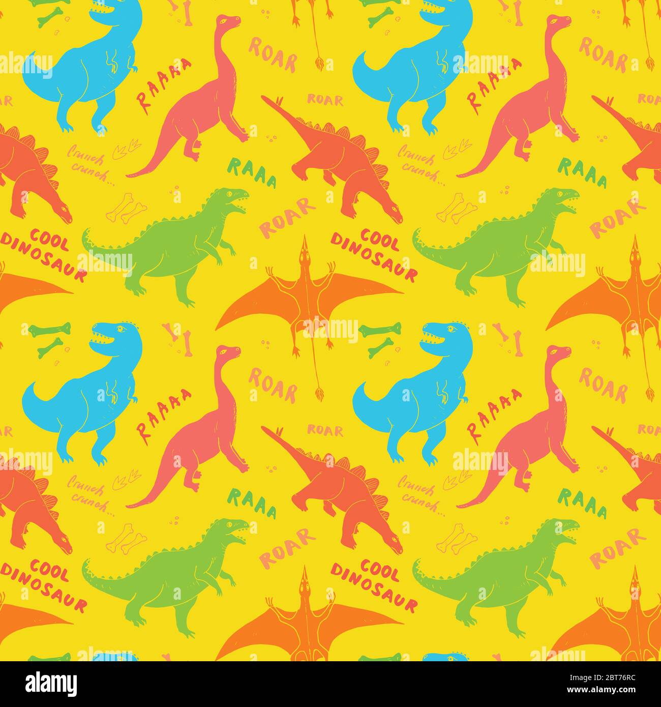 Dino Seamless Pattern, Cute Cartoon Hand Drawn Dinosaurs Doodles Vector Illustration Stock ...