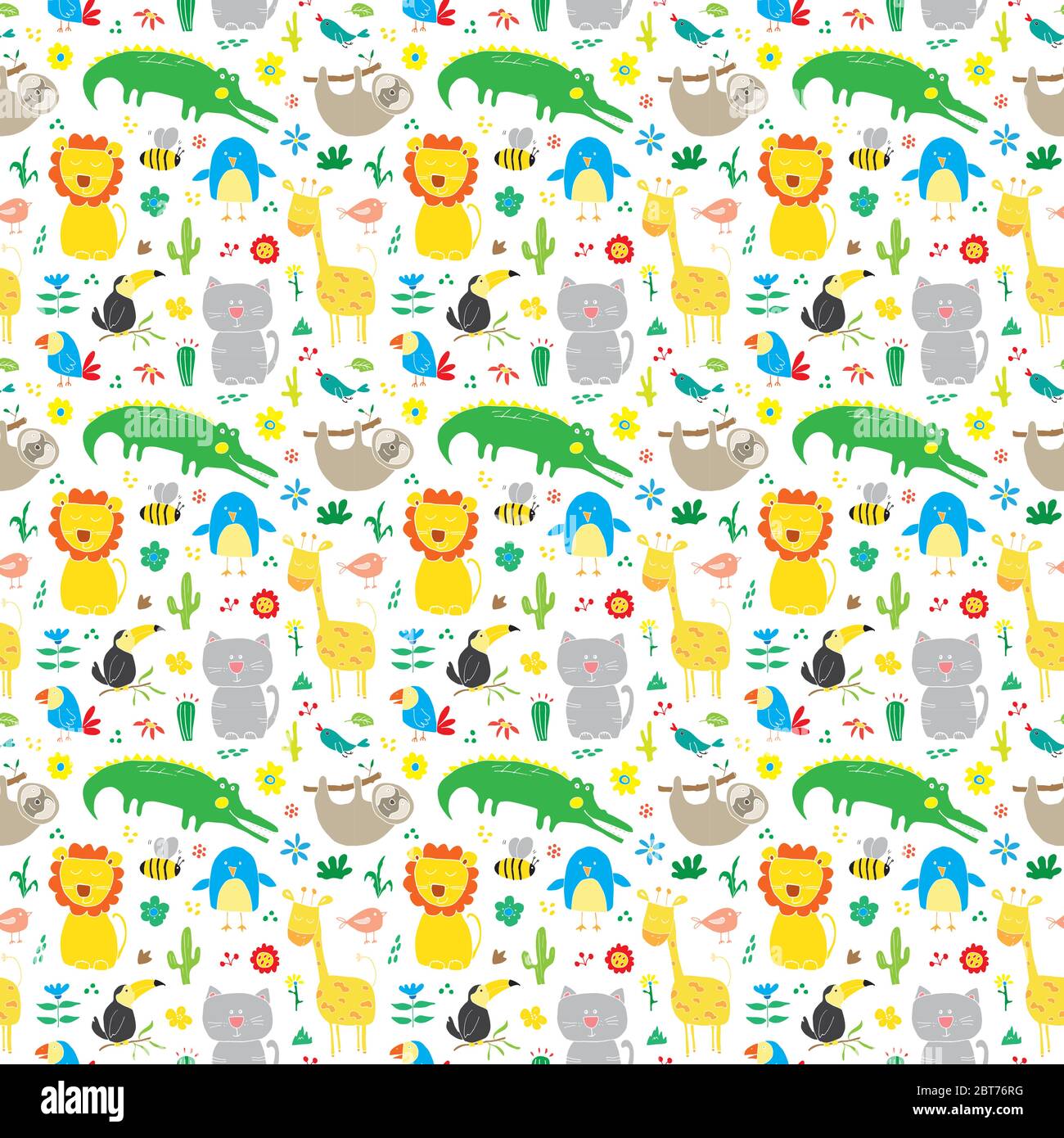 Cute Animals Seamless Pattern, Cartoon Hand Drawn Animal Doodles Vector ...