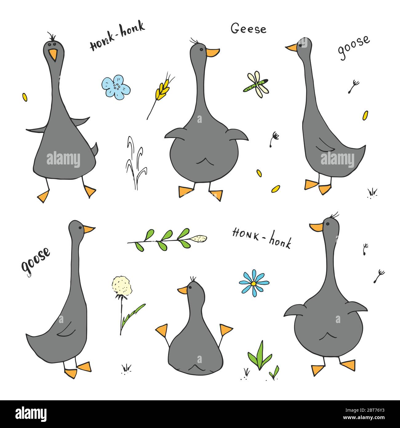 Goose Doodles Set. Cute Geese sketch. Hand drawn Cartoon Vector ...