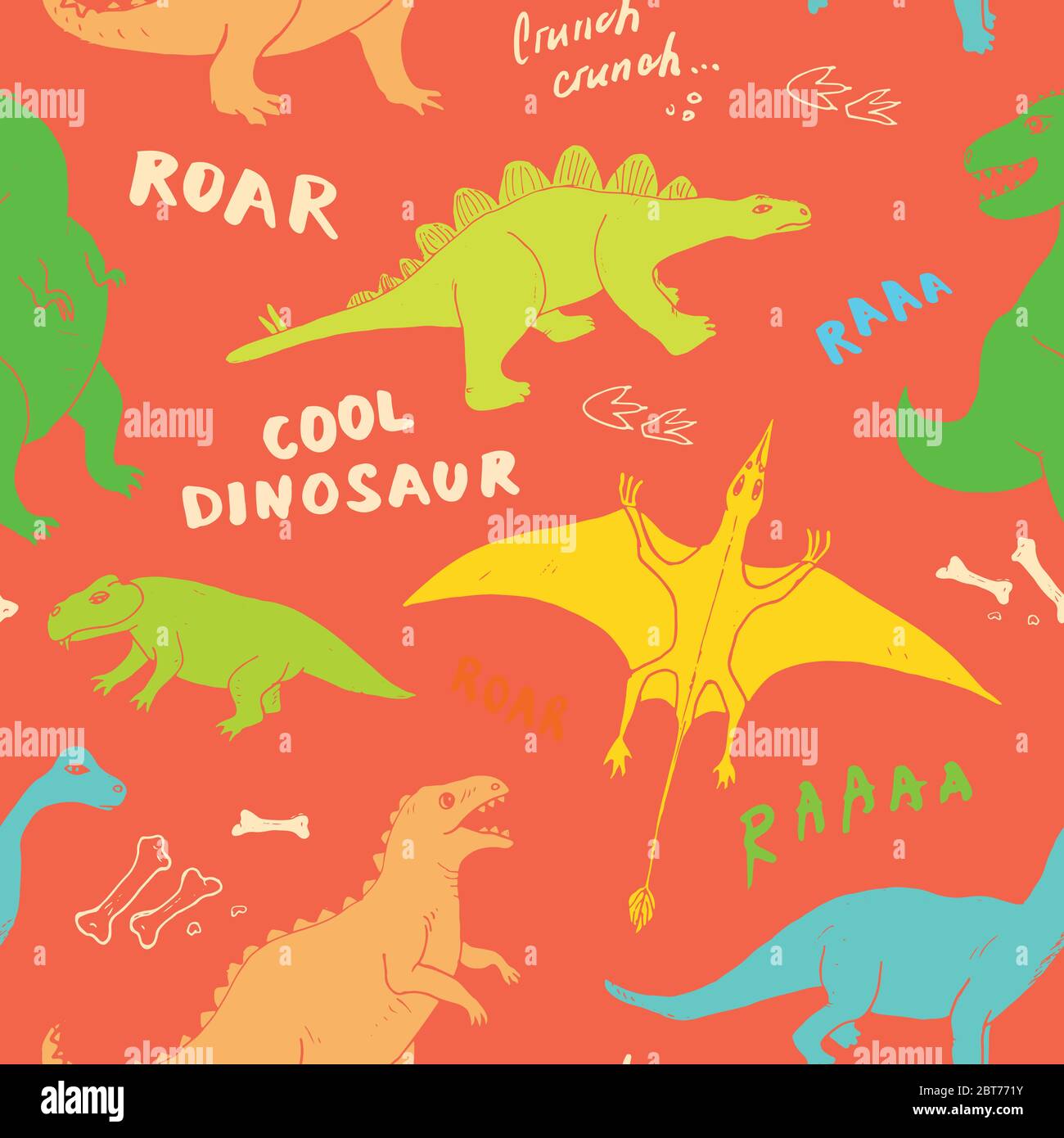 Dino Seamless Pattern, Cute Cartoon Hand Drawn Dinosaurs Doodles Vector Illustration Stock ...