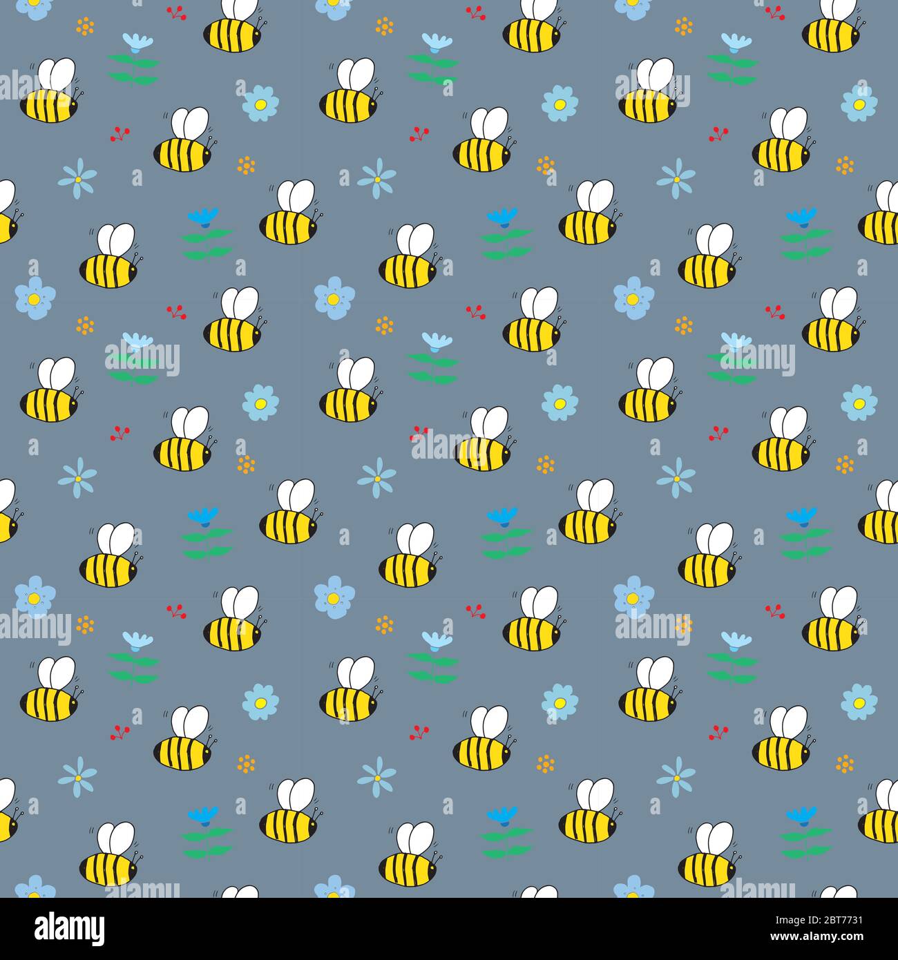 Cute Bee Seamless Pattern, Cartoon Hand Drawn honeybee Doodles Vector ...