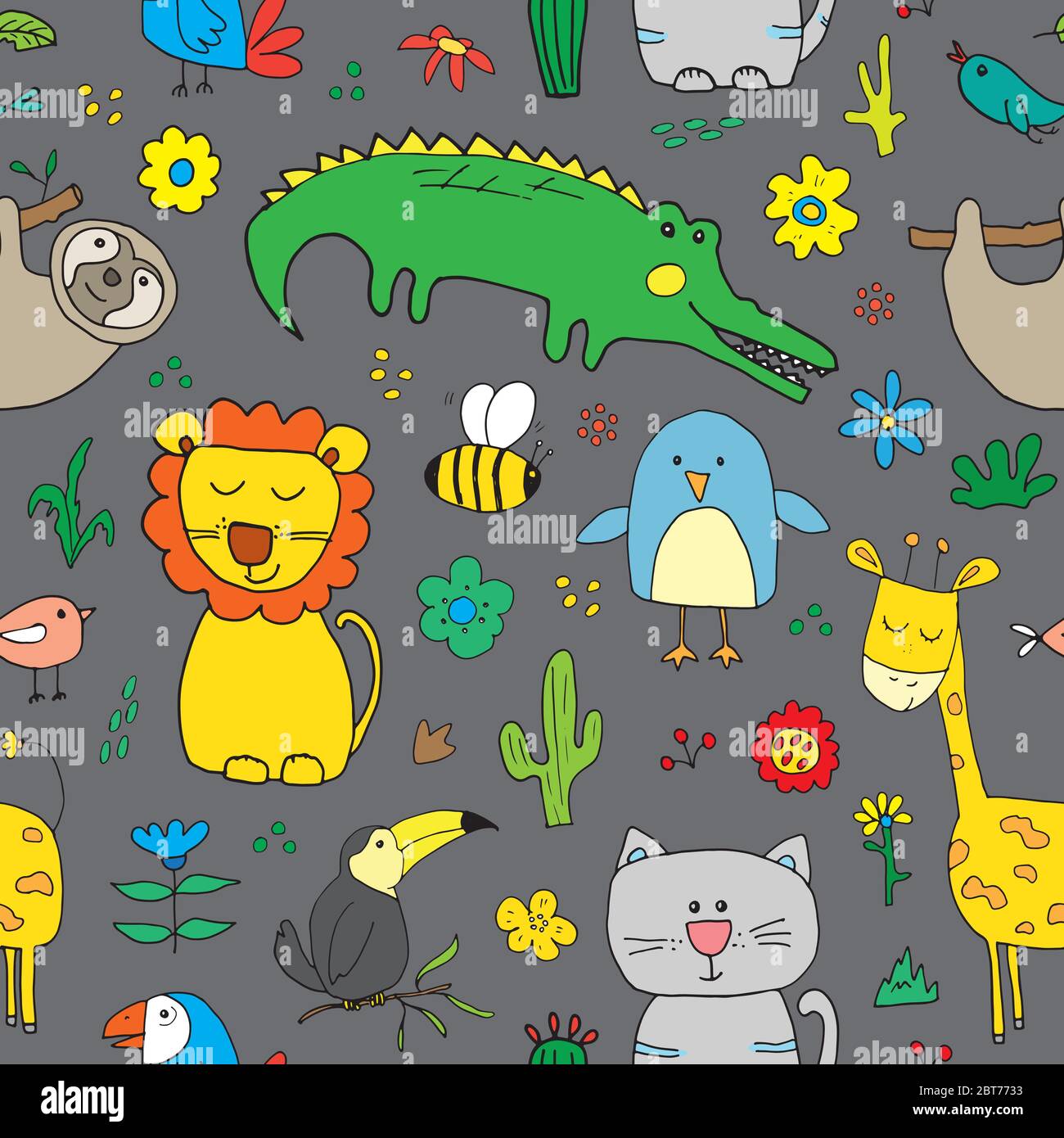 Cute Animals Seamless Pattern, Cartoon Hand Drawn Animal Doodles Vector ...
