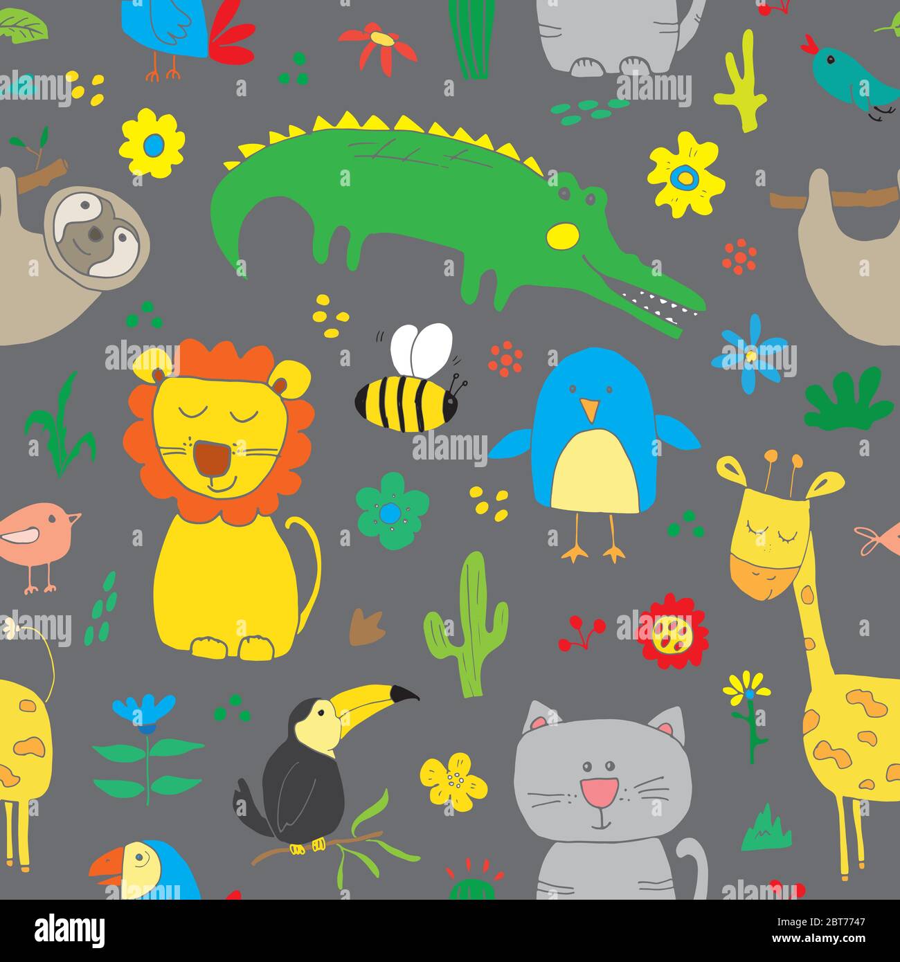 Cute Animals Seamless Pattern, Cartoon Hand Drawn Animal Doodles Vector ...