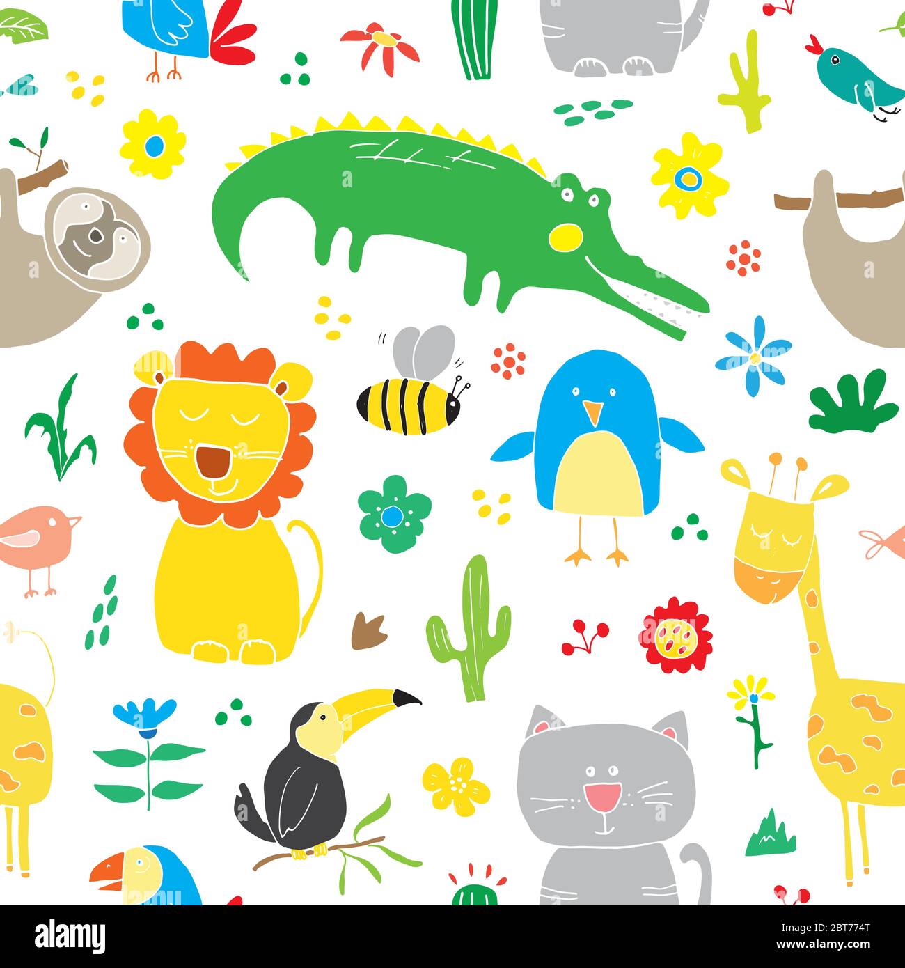 Cute Animals Seamless Pattern, Cartoon Hand Drawn Animal Doodles Vector ...