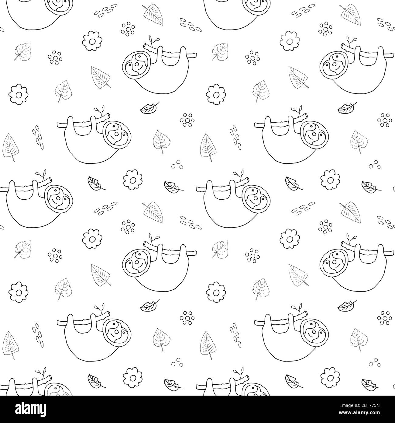 Cute Sloth Seamless Pattern, Cartoon Hand Drawn Animal Doodles Vector ...