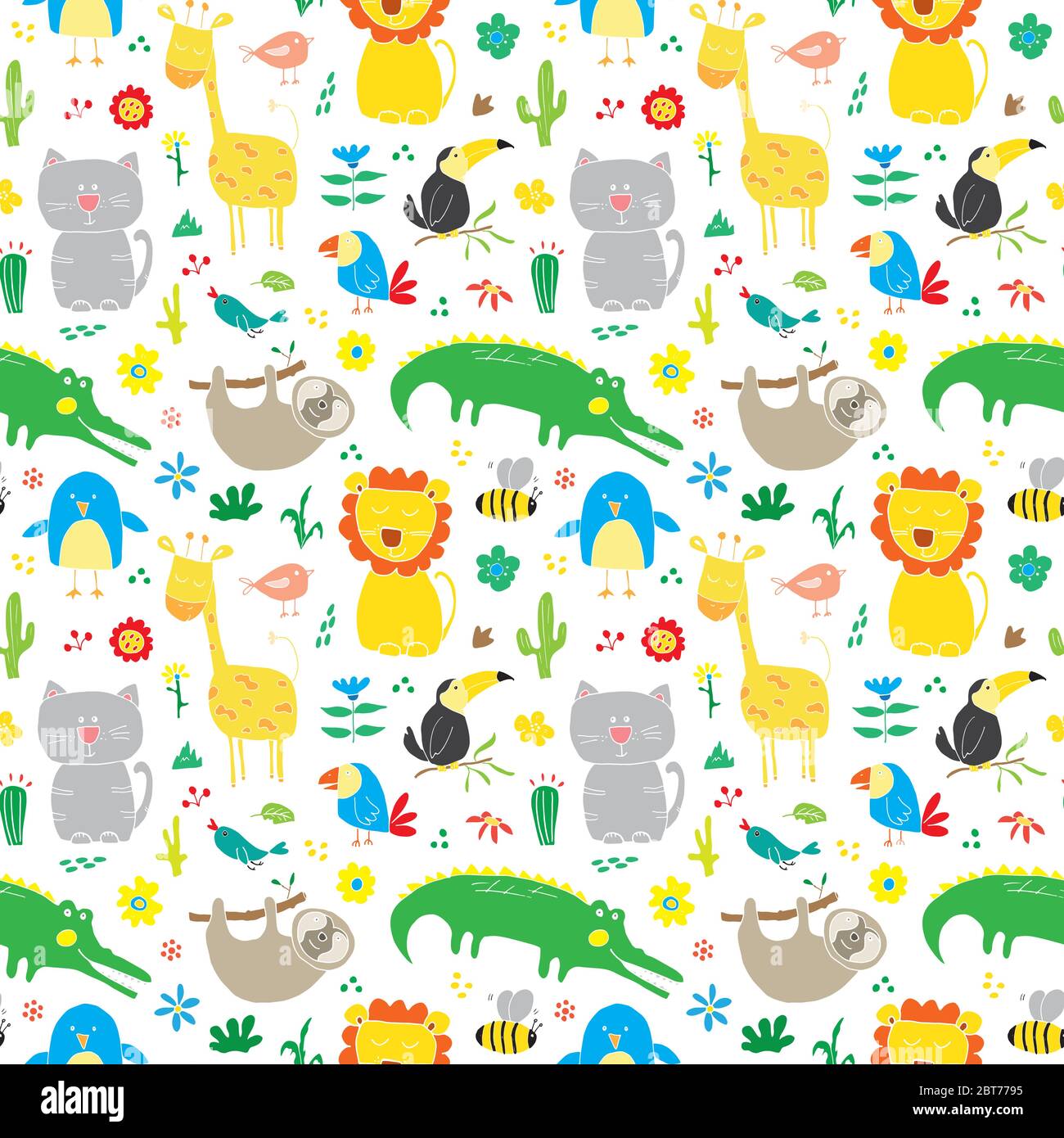 Cute Animals Seamless Pattern, Cartoon Hand Drawn Animal Doodles Vector ...