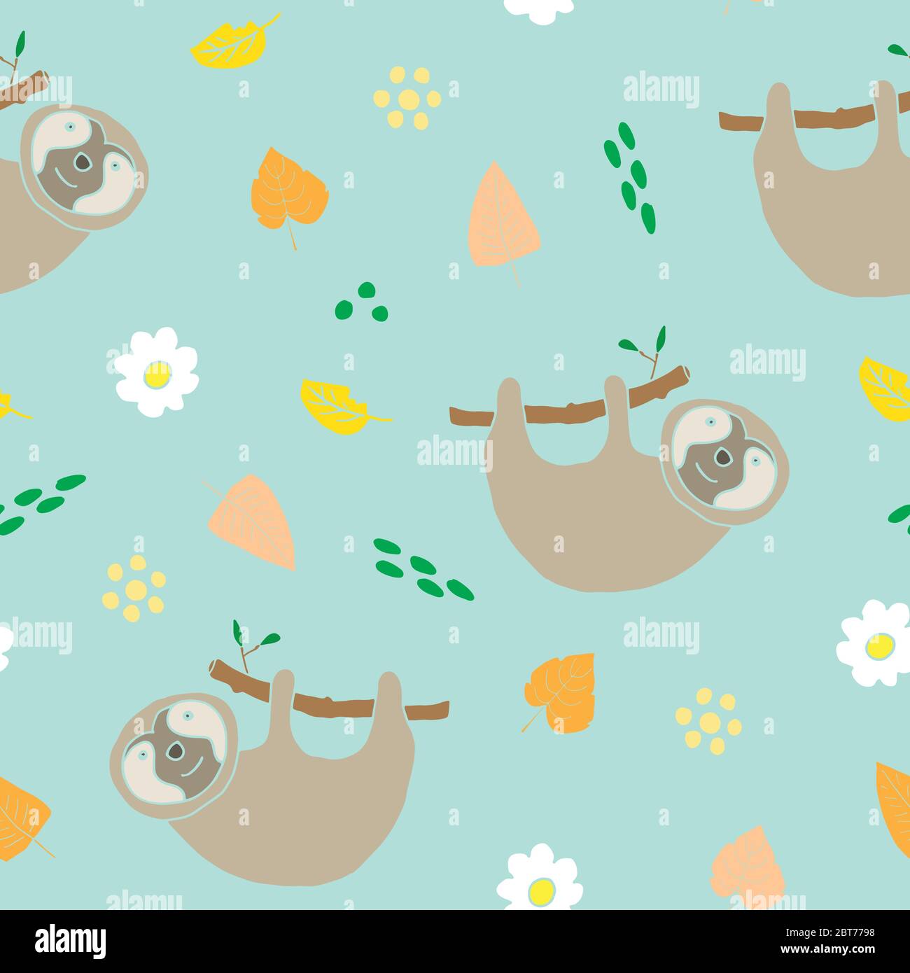 Cute Sloth Seamless Pattern, Cartoon Hand Drawn Animal Doodles Vector ...