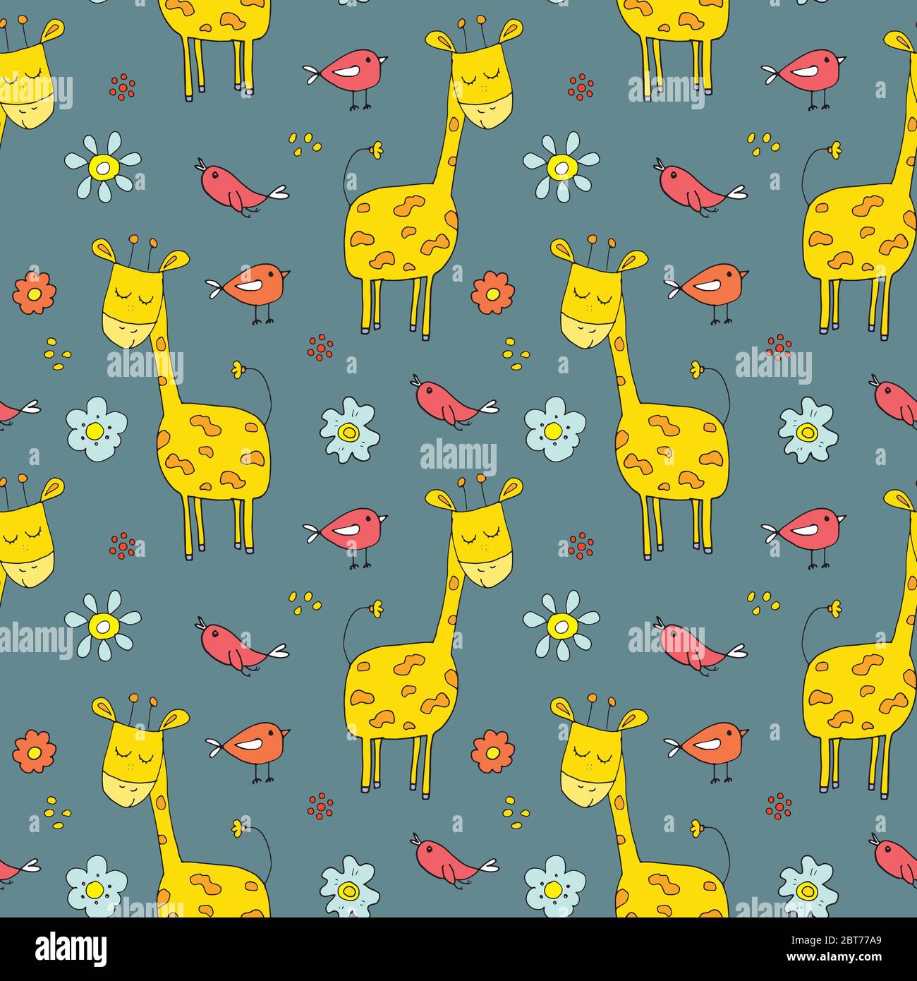 Cute Giraffe Seamless Pattern, Cartoon Hand Drawn Animal Doodles Vector Illustration Stock ...