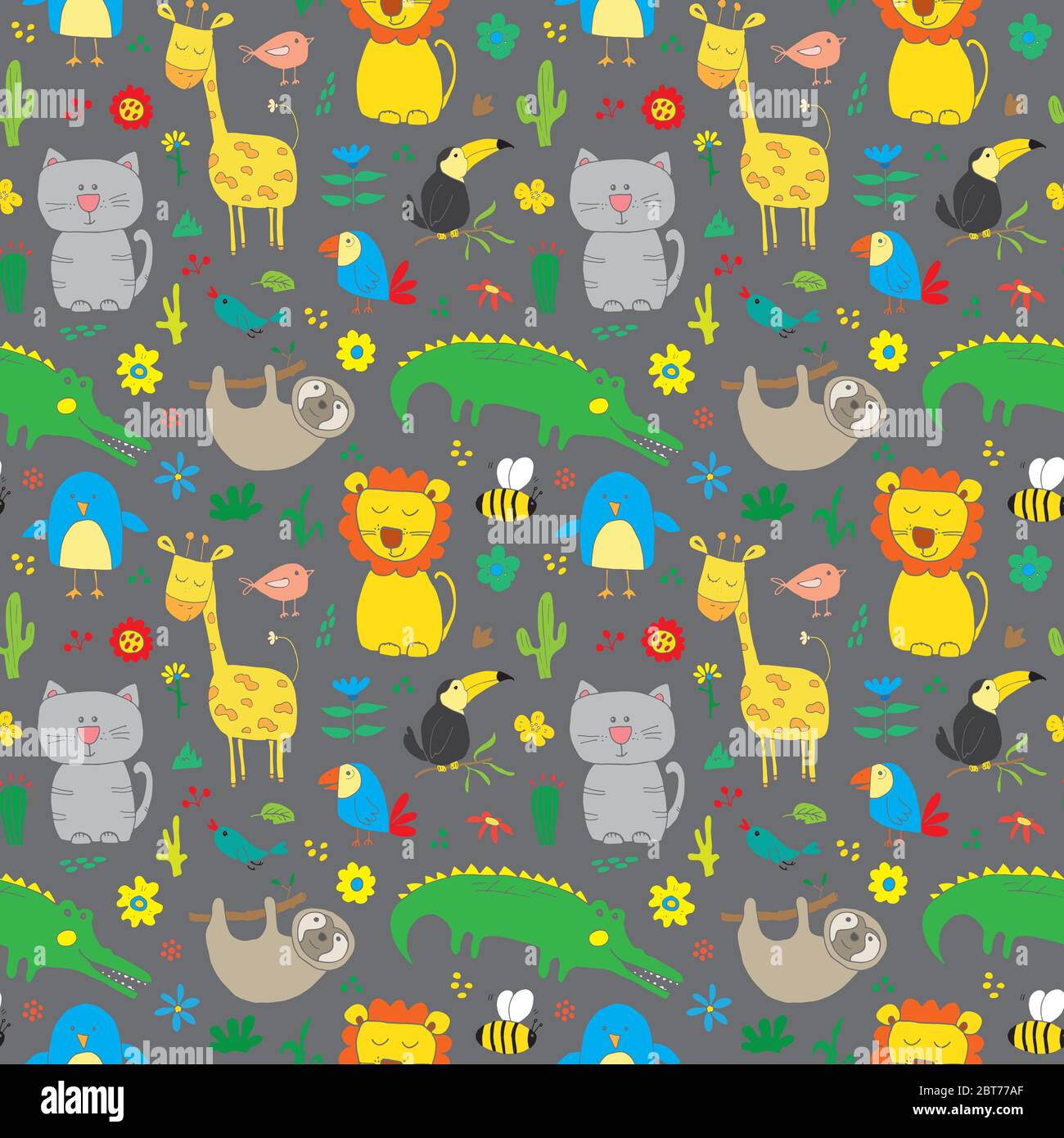 Cute Animals Seamless Pattern, Cartoon Hand Drawn Animal Doodles Vector ...
