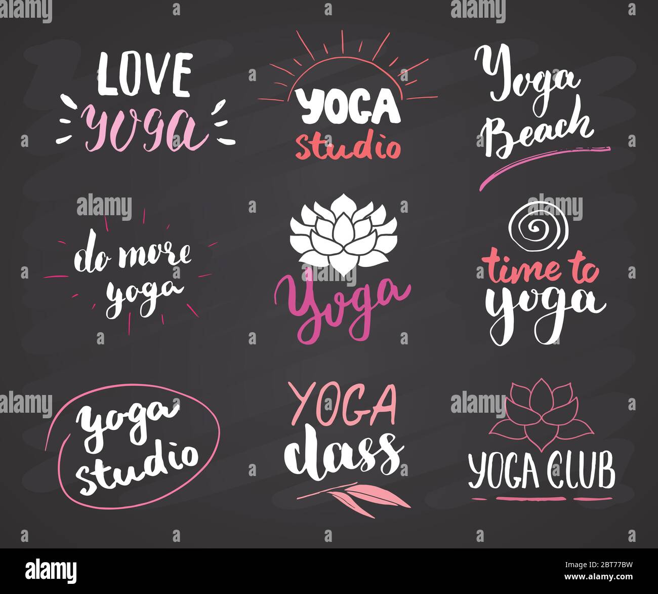 Yoga Hand Drawn labels Set. Calligraphic Letterings with sketch doodle ...
