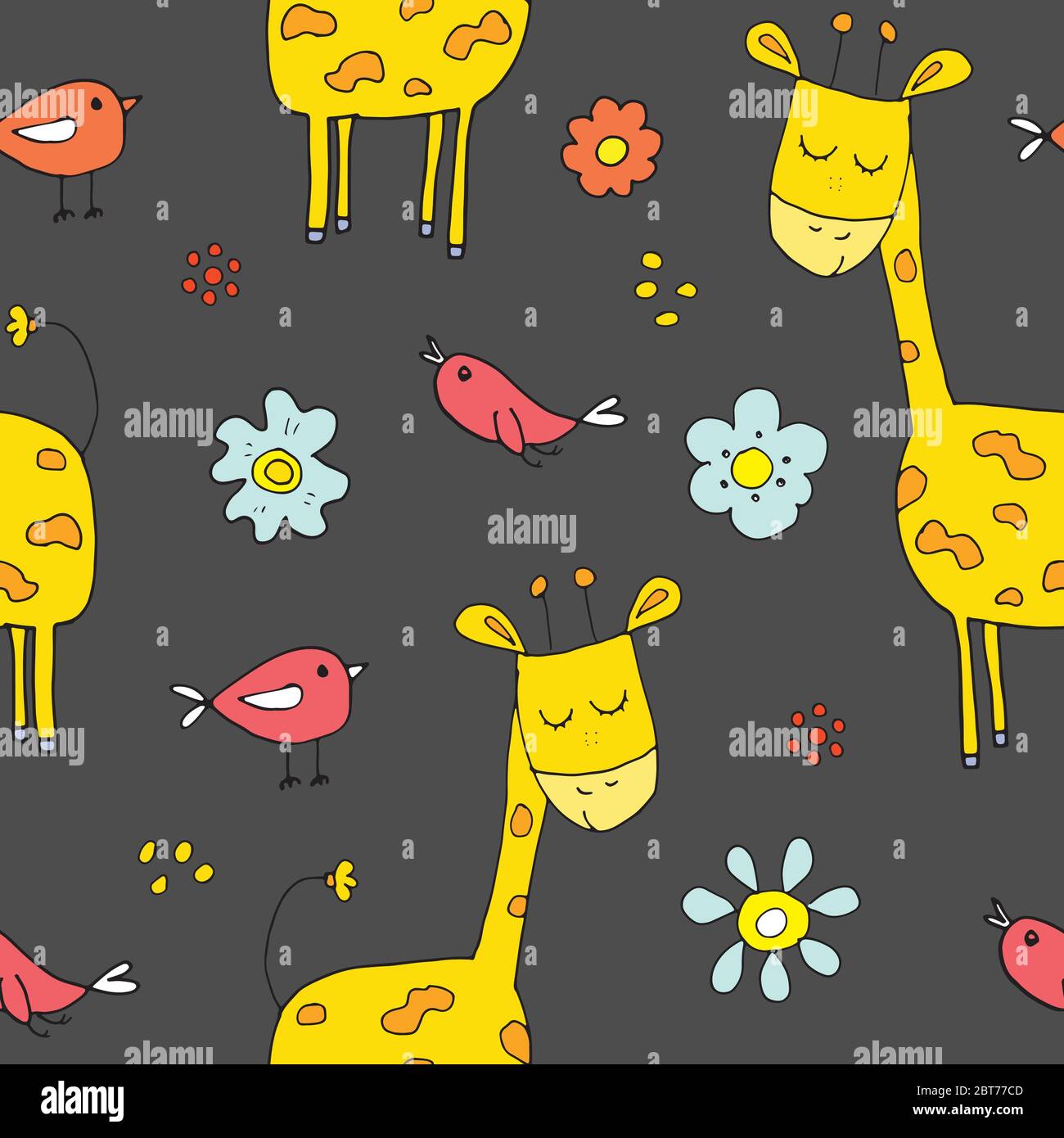 Cute Giraffe Seamless Pattern, Cartoon Hand Drawn Animal Doodles Vector ...