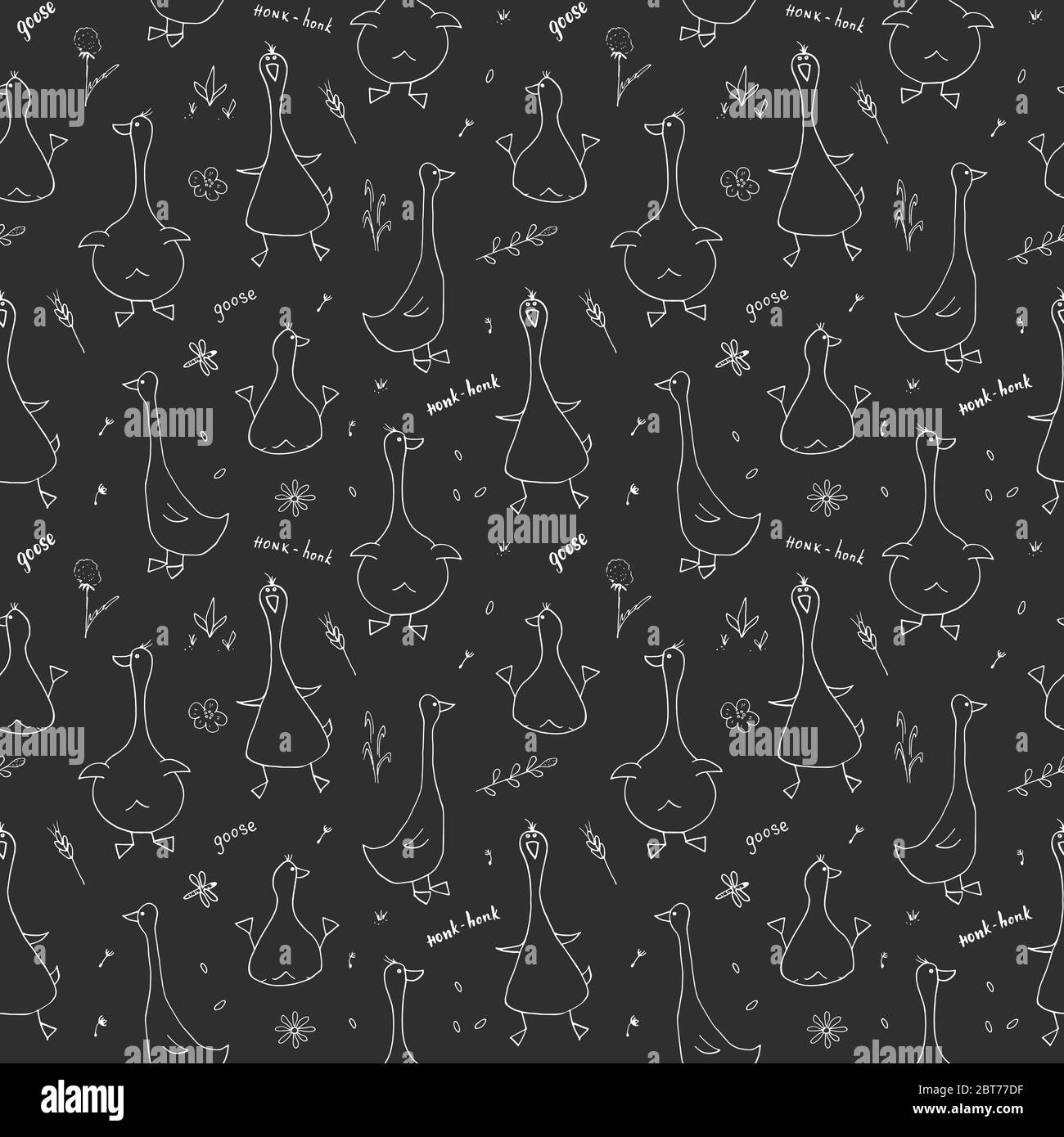 Cute Goose Seamless Pattern, Cartoon Hand Drawn Goose Doodles Vector ...