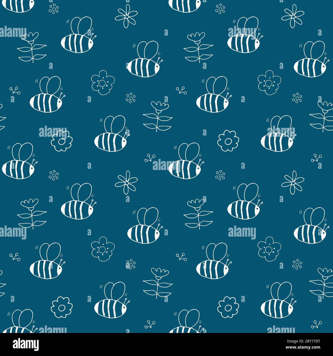 Cute Bee Seamless Pattern, Cartoon Hand Drawn honeybee Doodles Vector ...