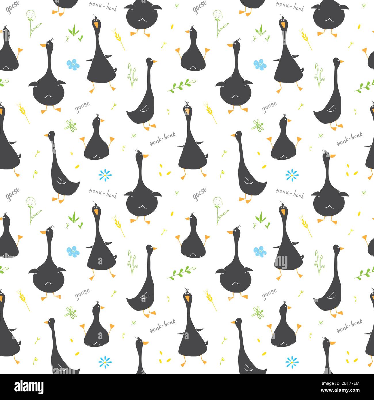 Cute Goose Seamless Pattern, Cartoon Hand Drawn Goose Doodles Vector ...
