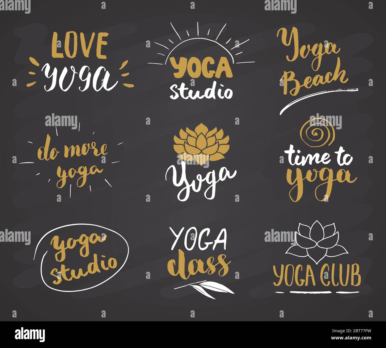 Yoga Hand Drawn labels Set. Calligraphic Letterings with sketch doodle ...