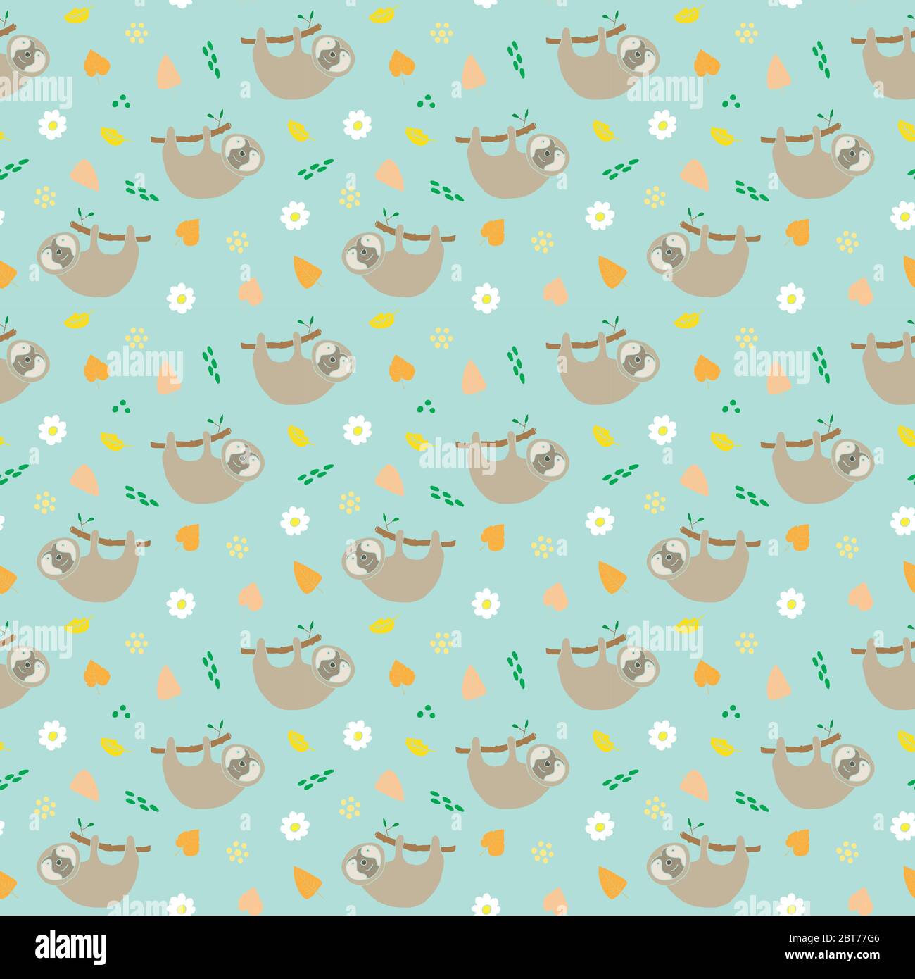 Cute Sloth Seamless Pattern, Cartoon Hand Drawn Animal Doodles Vector ...