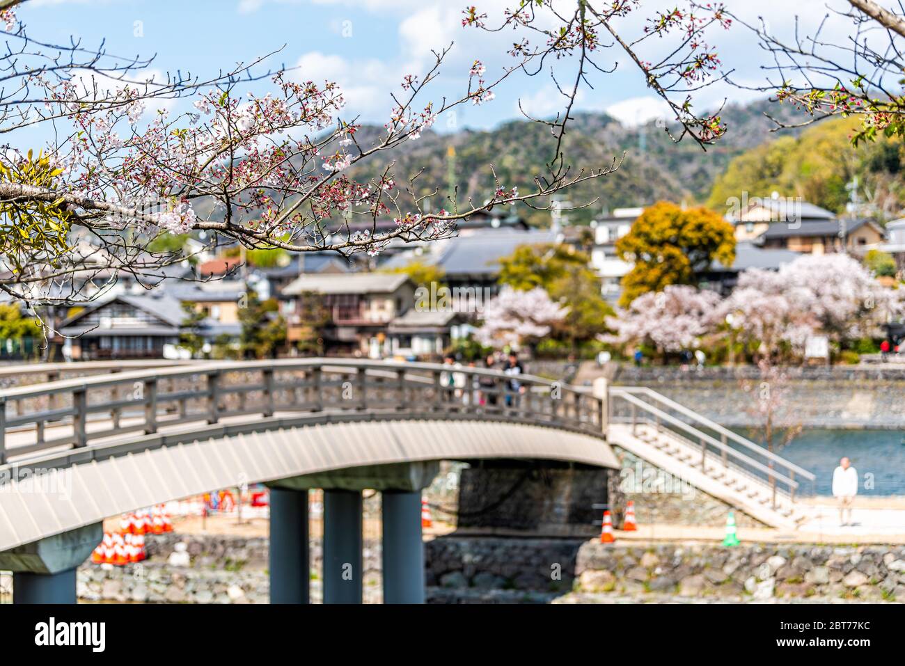 Uji, Japan river in spring in traditional village with view of houses ...