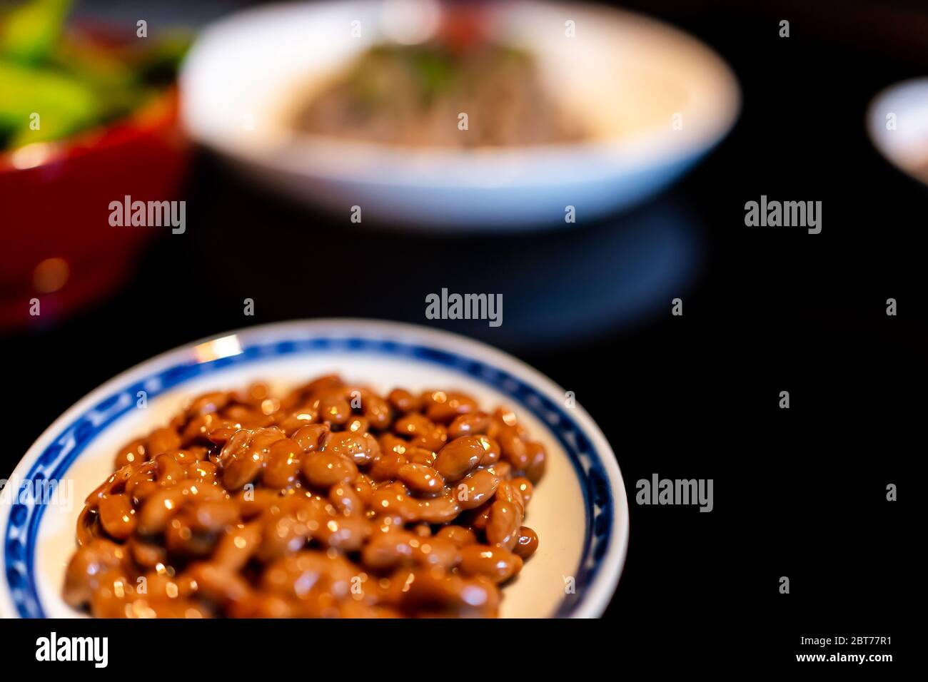 Macro closeup of Asian Japanese natto fermented soy dish meal sticky ...
