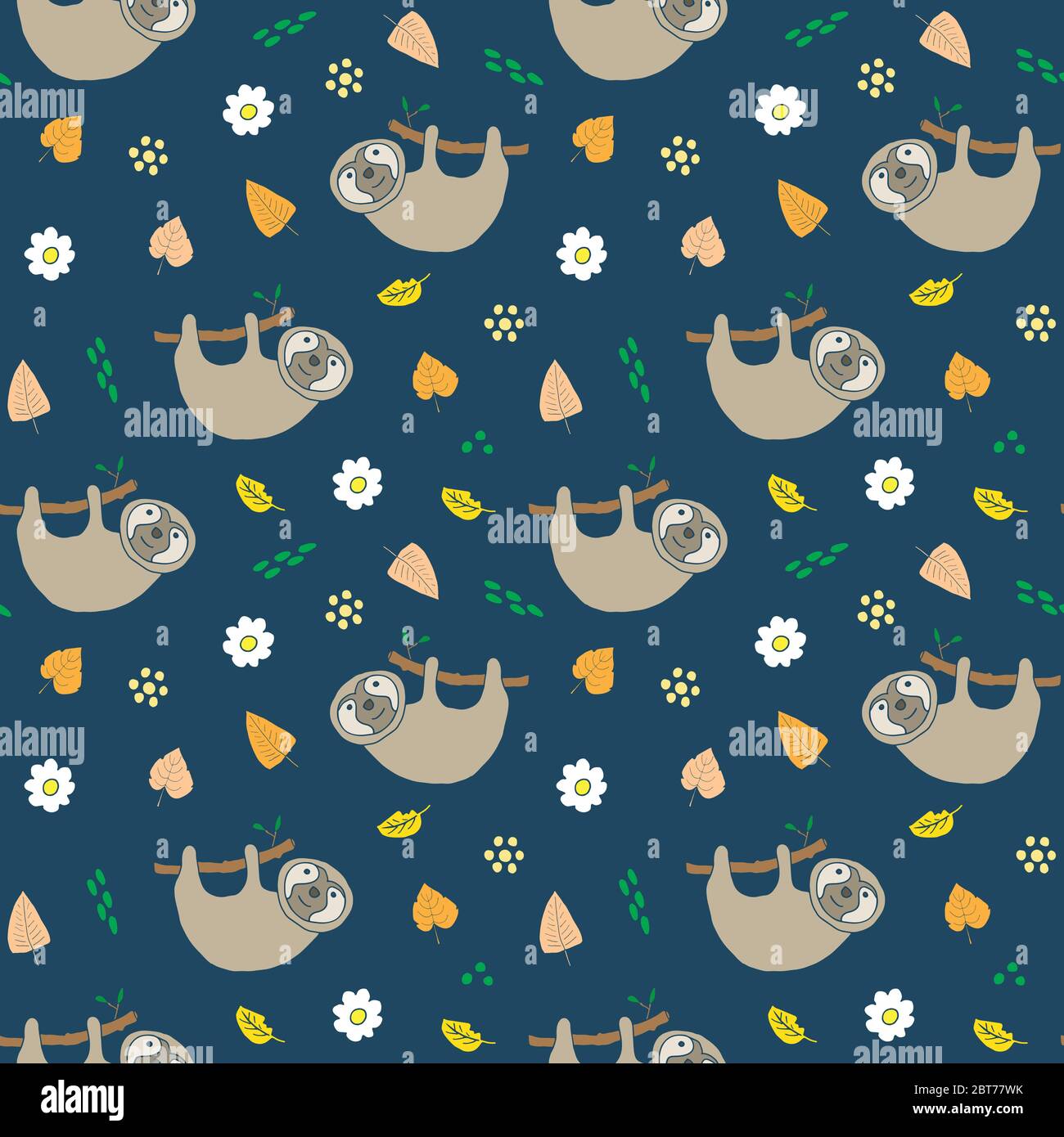 Cute Sloth Seamless Pattern, Cartoon Hand Drawn Animal Doodles Vector ...