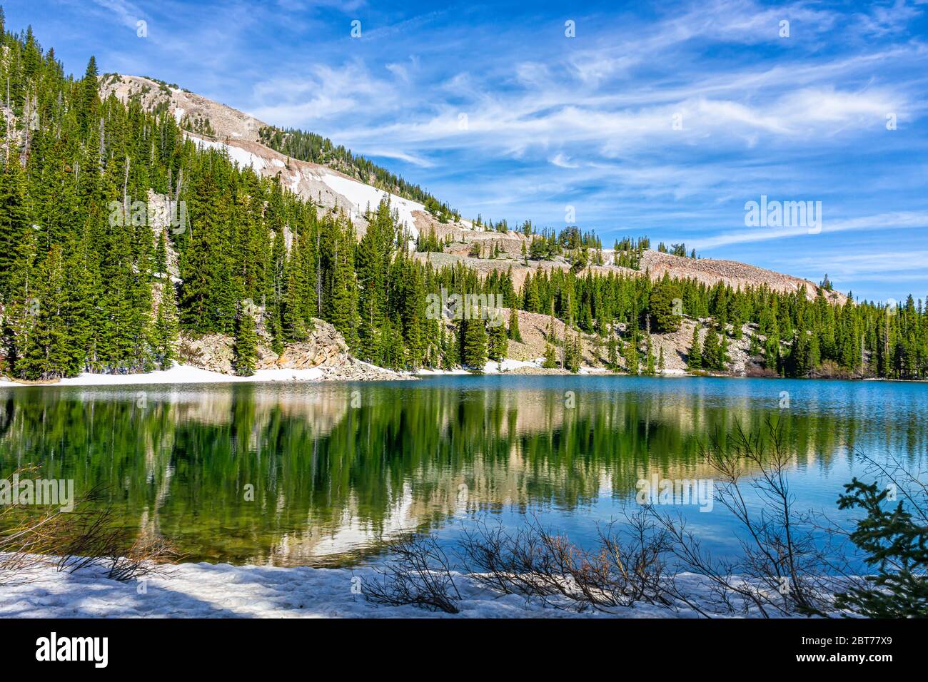 Pine tree forest and green alpine lake water reflection on Thomas Lakes ...