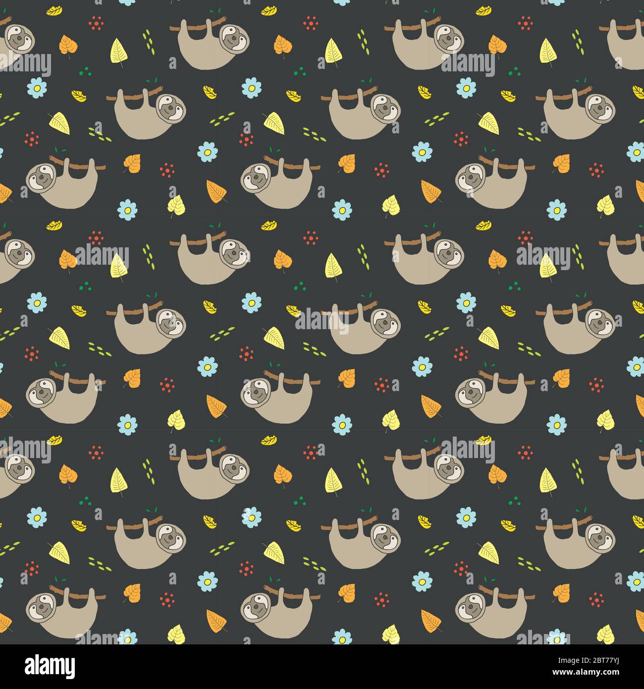 Cute Sloth Seamless Pattern, Cartoon Hand Drawn Animal Doodles Vector ...
