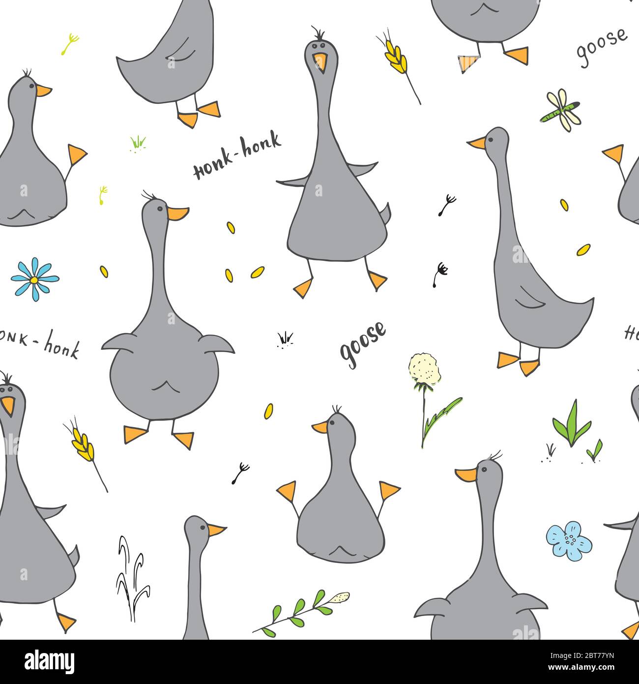 Cute Goose Seamless Pattern, Cartoon Hand Drawn Goose Doodles Vector ...