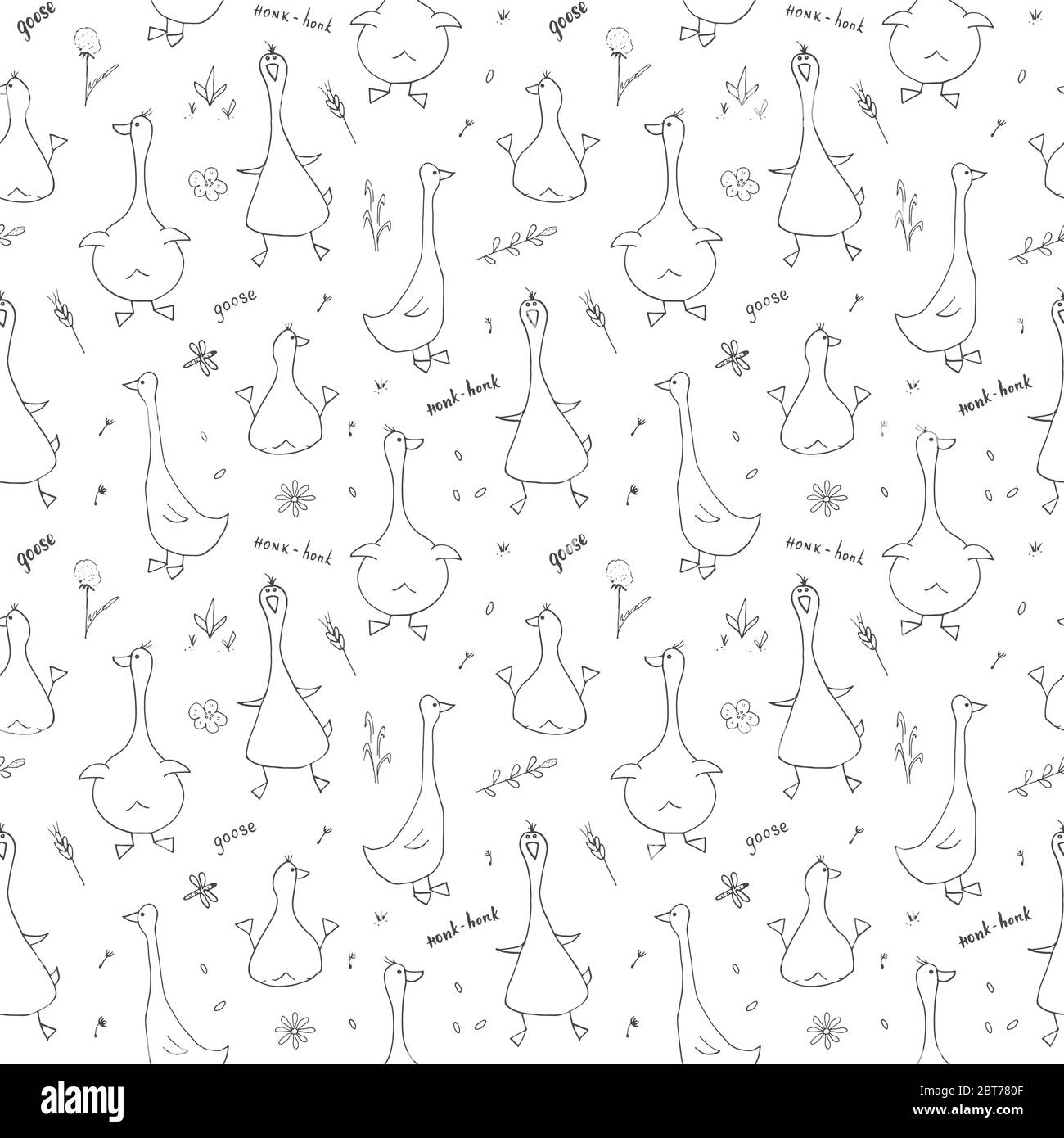 Cute Goose Seamless Pattern, Cartoon Hand Drawn Goose Doodles Vector ...