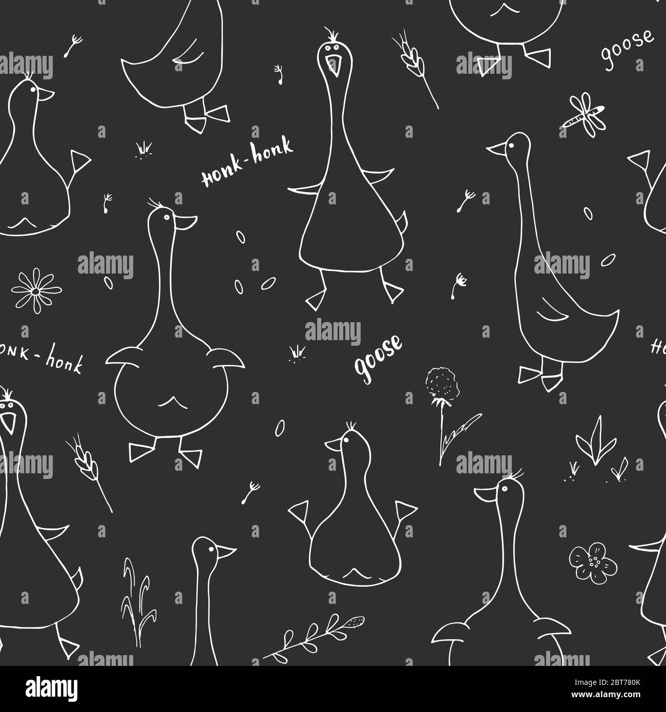 Cute Goose Seamless Pattern, Cartoon Hand Drawn Goose Doodles Vector ...