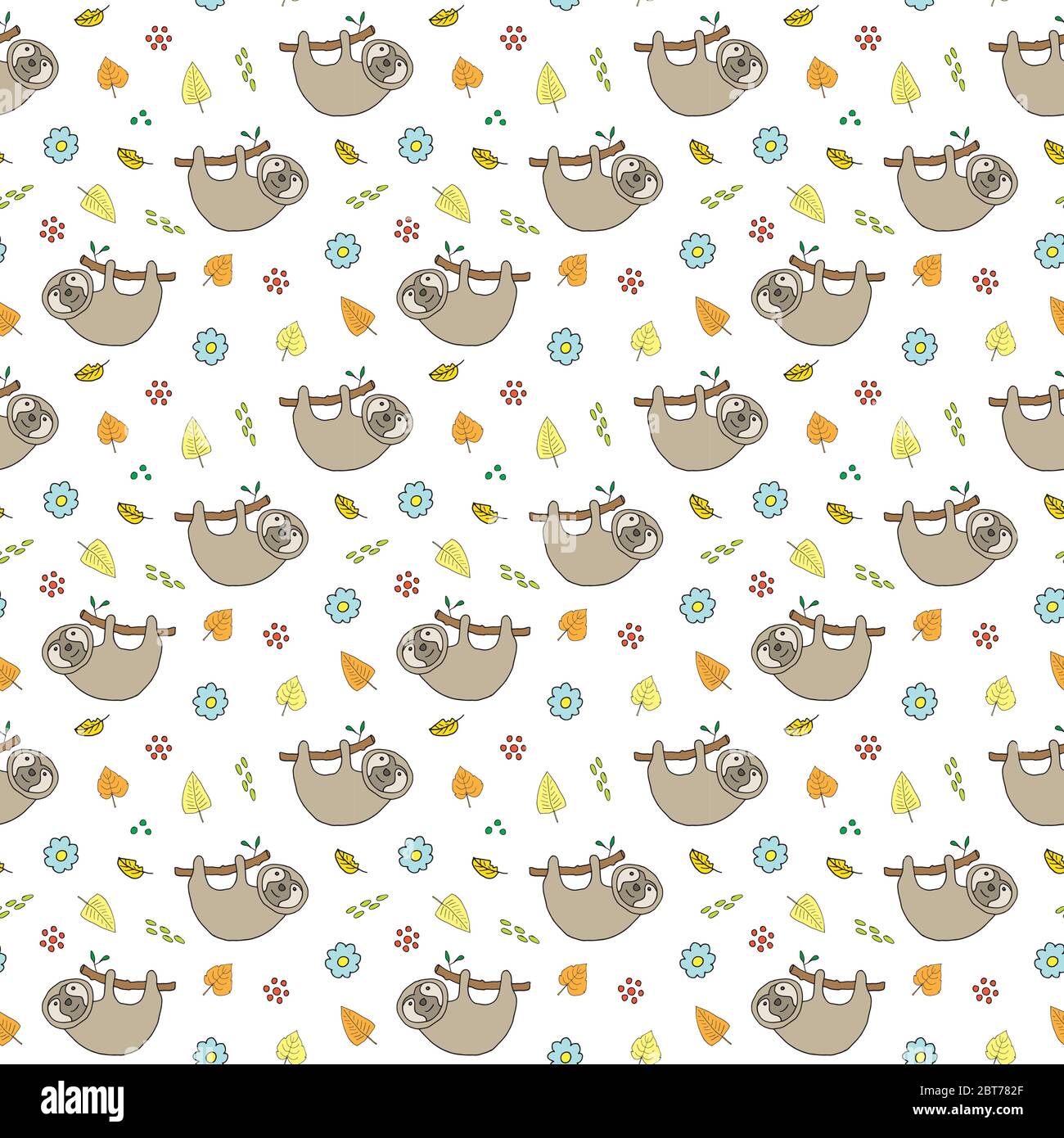 Cute Sloth Seamless Pattern, Cartoon Hand Drawn Animal Doodles Vector ...