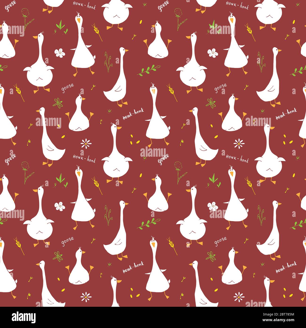 Cute Goose Seamless Pattern, Cartoon Hand Drawn Goose Doodles Vector ...