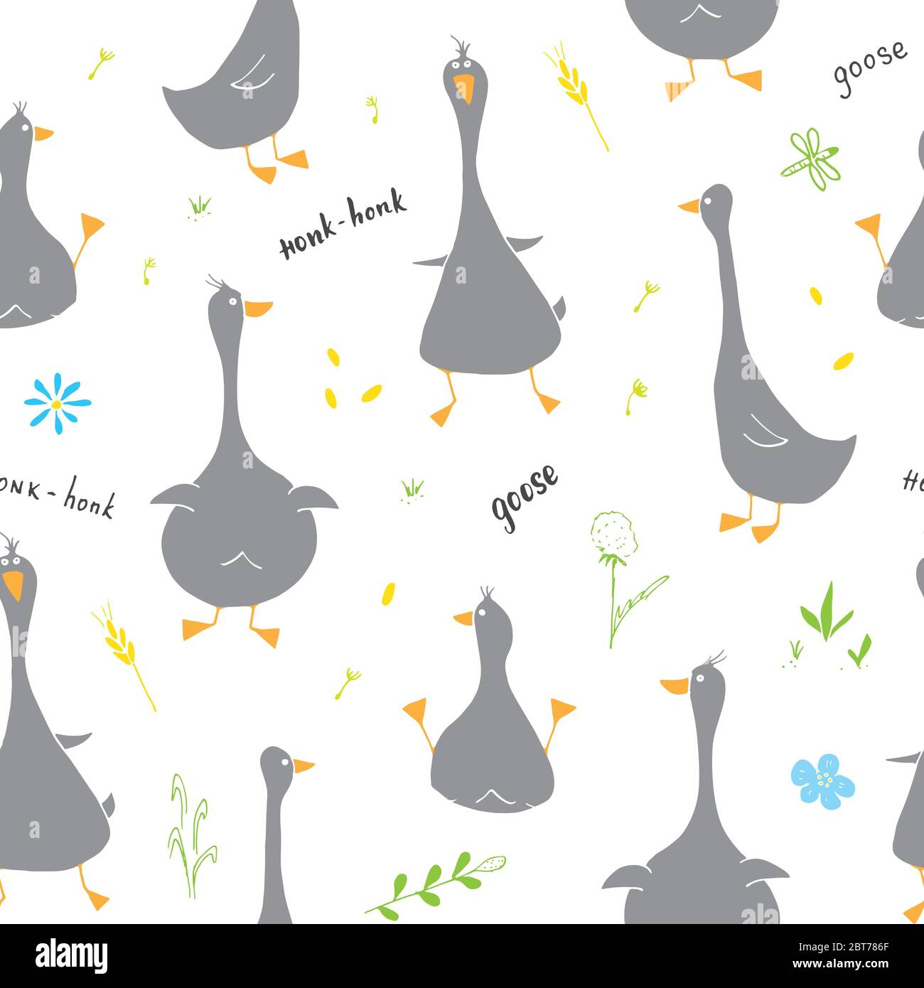 Cute Goose Seamless Pattern, Cartoon Hand Drawn Goose Doodles Vector ...
