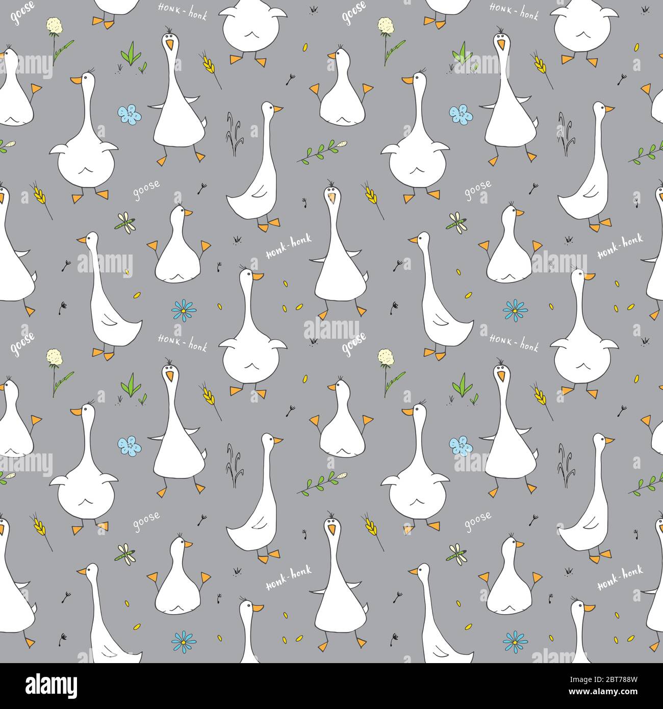 Cute Goose Seamless Pattern, Cartoon Hand Drawn Goose Doodles Vector ...