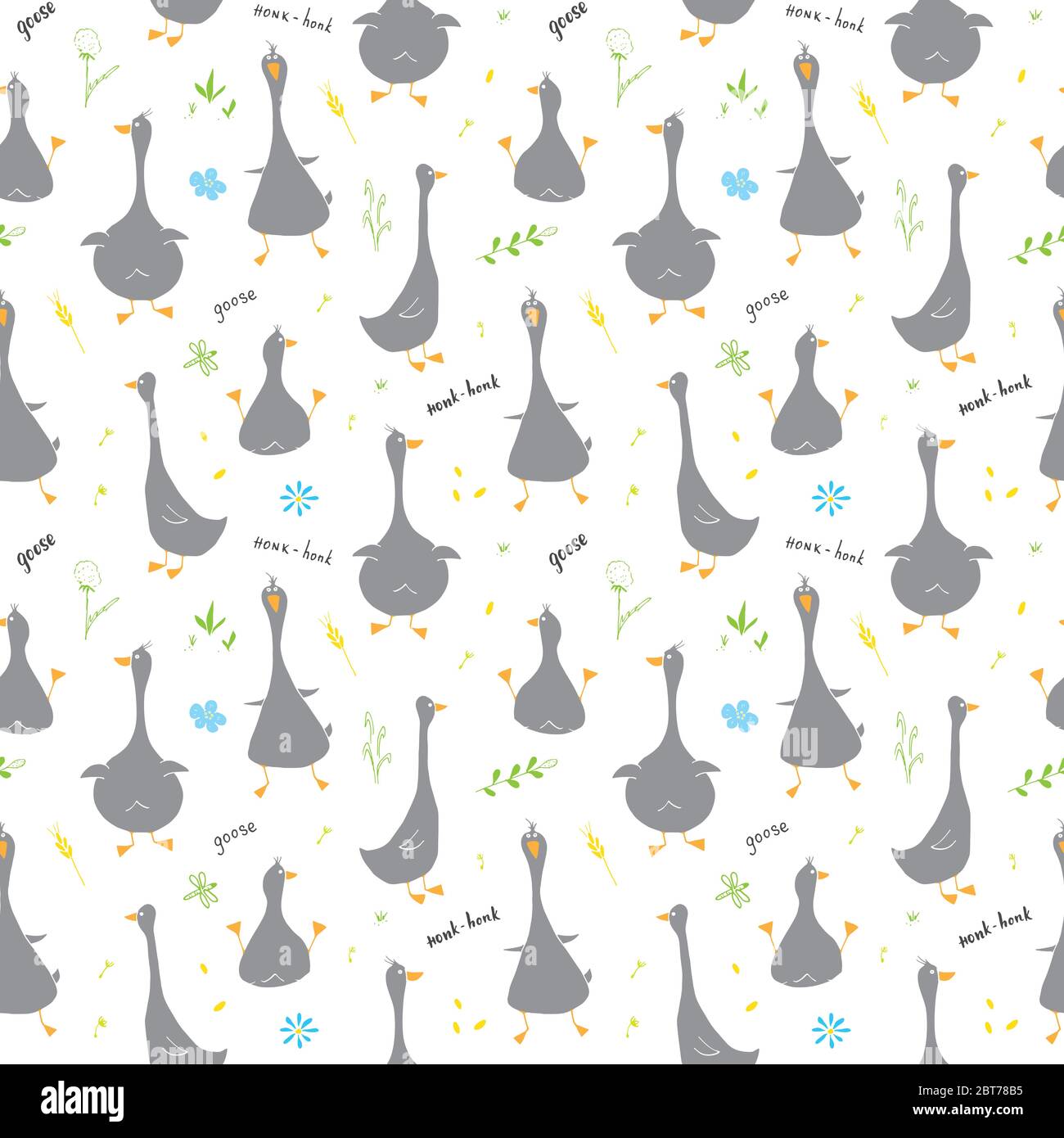 Cute Goose Seamless Pattern, Cartoon Hand Drawn Goose Doodles Vector ...