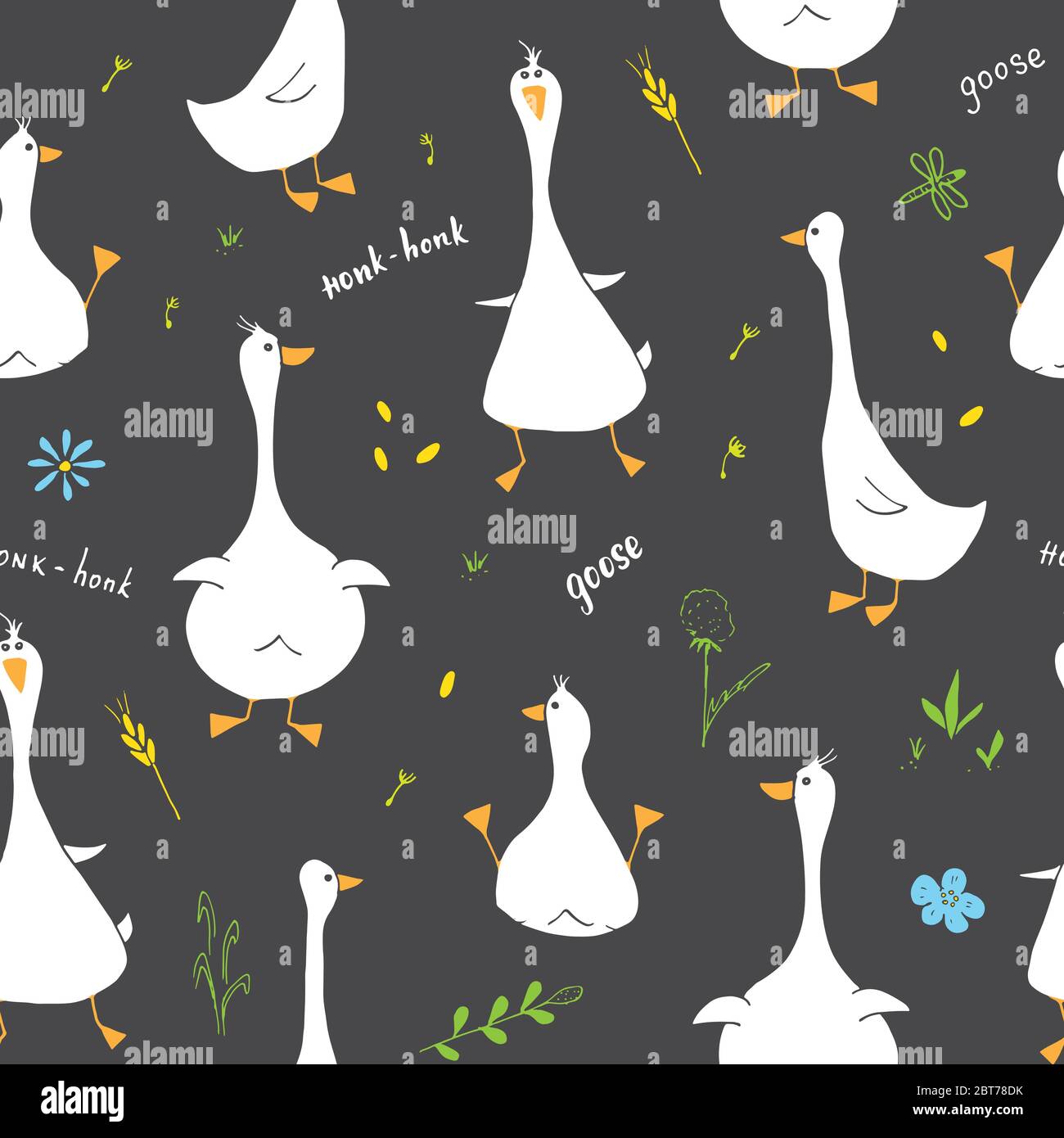 Cute Goose Seamless Pattern, Cartoon Hand Drawn Goose Doodles Vector ...