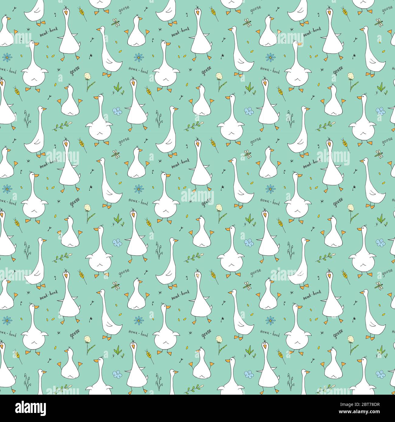 Cute Goose Seamless Pattern, Cartoon Hand Drawn Goose Doodles Vector ...