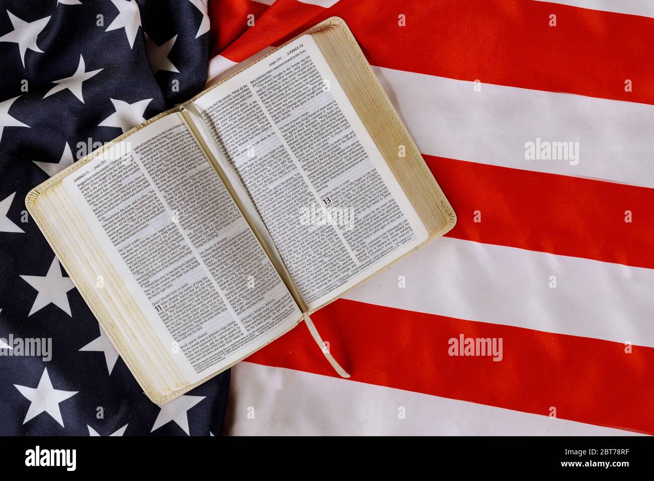 Los Angeles CA US 16 MAY 2020: American flag with open Holy book Bible ...