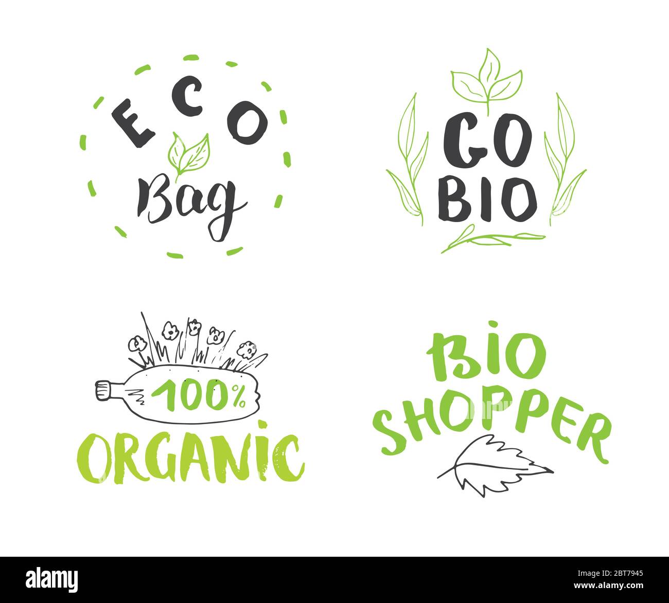 Eco and Bio Hand Drawn labels Set. Calligraphic Letterings with eco ...