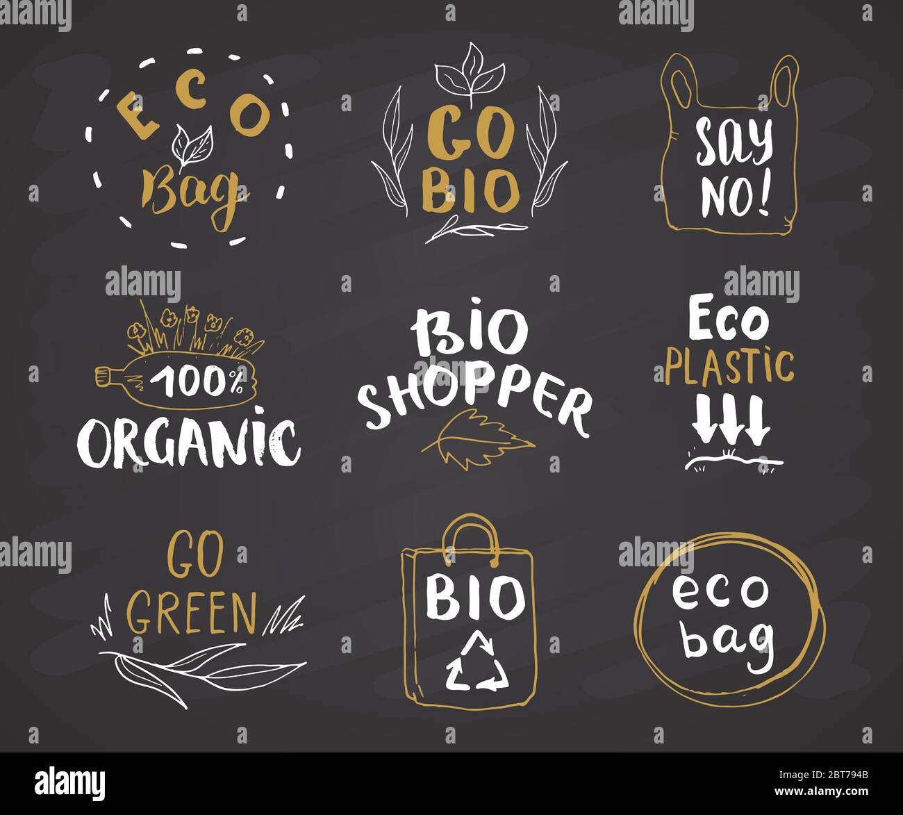 Eco and Bio Hand Drawn labels Set. Calligraphic Letterings with eco ...