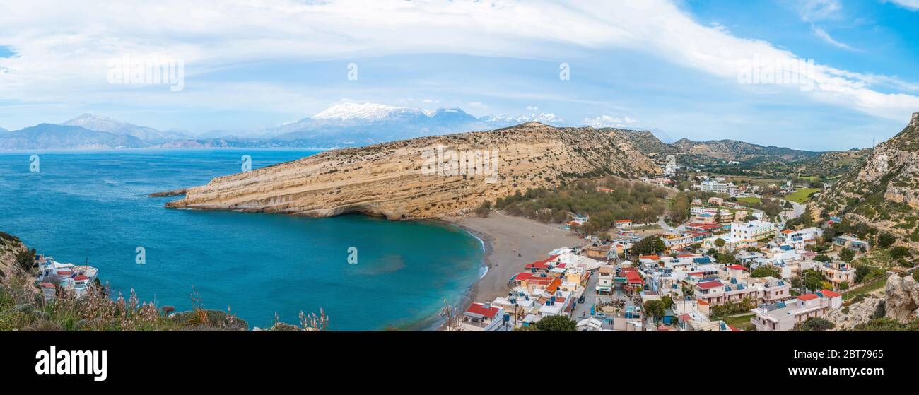 Panorama of Matala, beautiful beach on Crete island, waves and rocks ...