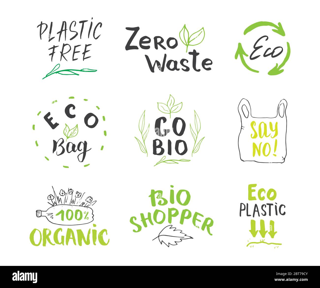 Eco and Bio Hand Drawn labels Set. Calligraphic Letterings with eco ...