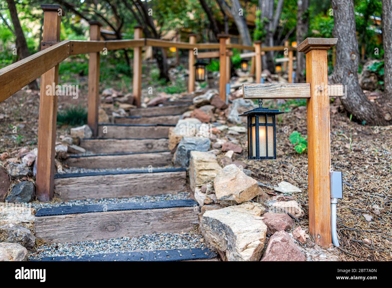 Japan in evening with illuminated hanging lantern lamp light on wooden ...