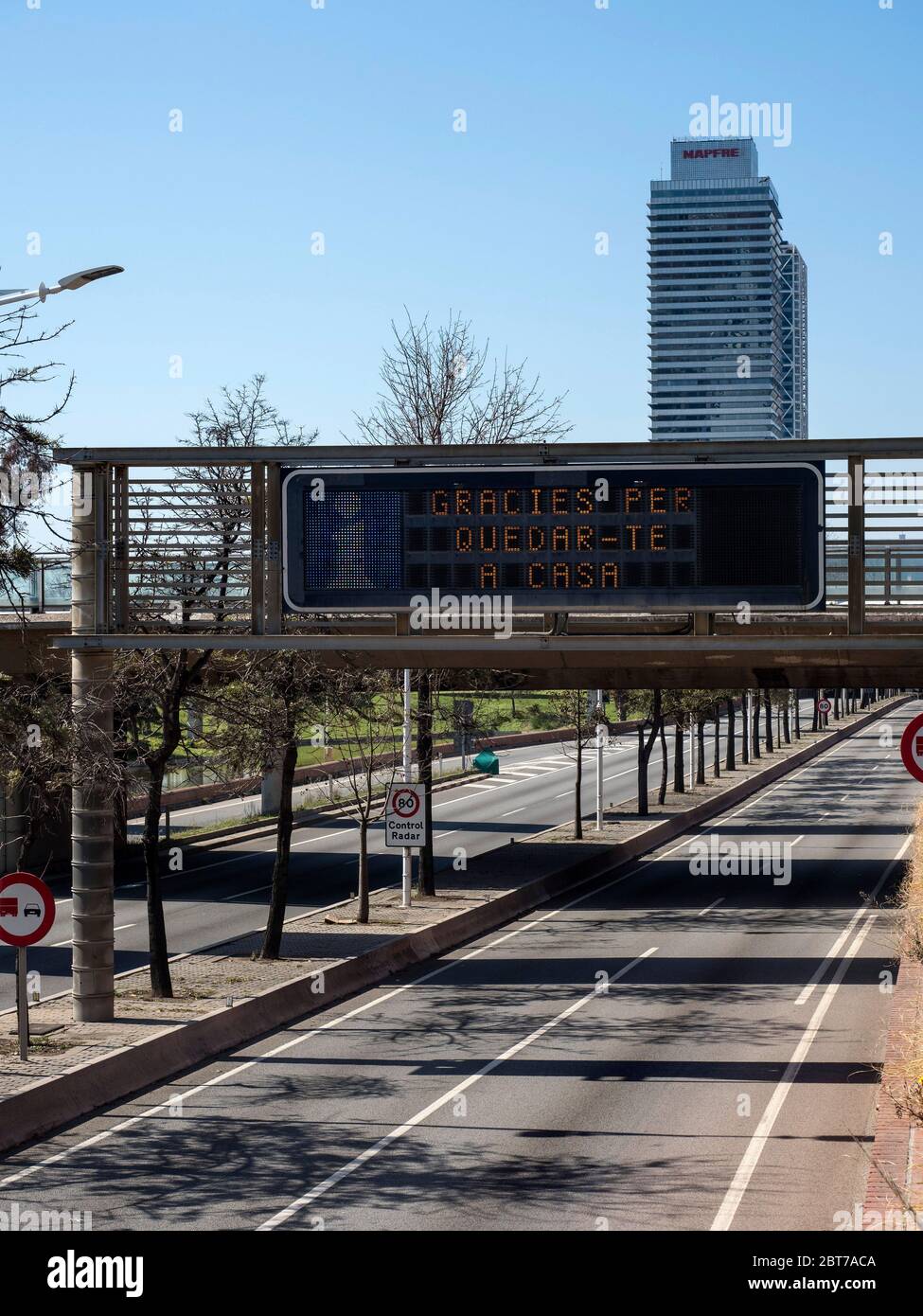 Transit sign "Thank you for staying home" Ronda Litoral. Streets of ...