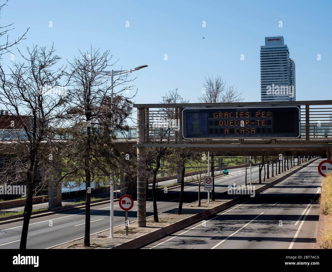 Transit sign "Thank you for staying home" Ronda Litoral. Streets of ...